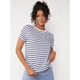 Blue And White Horizontal Striped Crew Neck Cotton Tee For Women ...