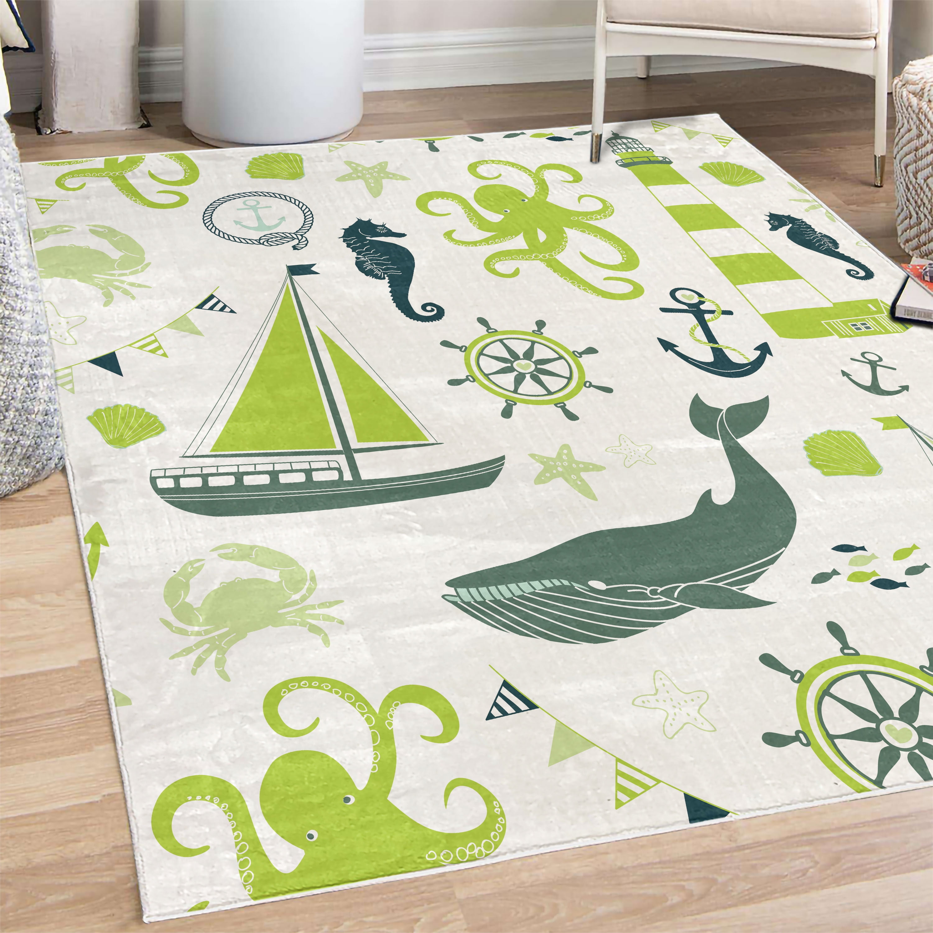 Nautical Decorative Rug, Pastel Colored Composition of Lighthouse ...