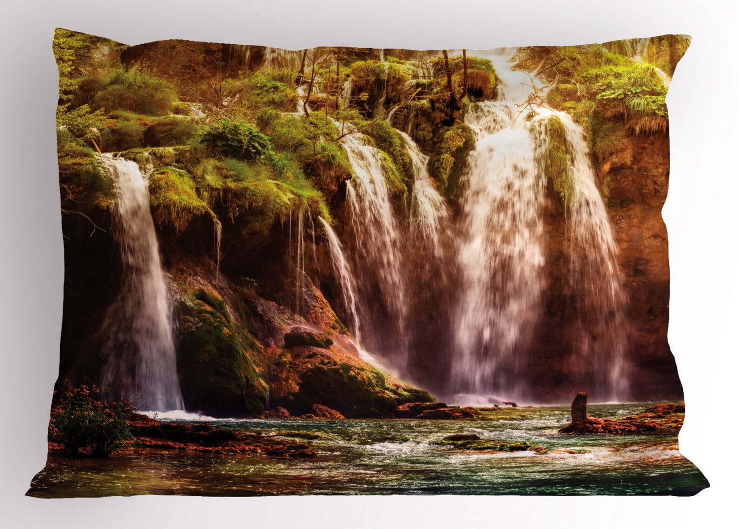 Nature Pillow Sham Waterfall Cascade Forest Tree Moss Lake Stones Rocks ...