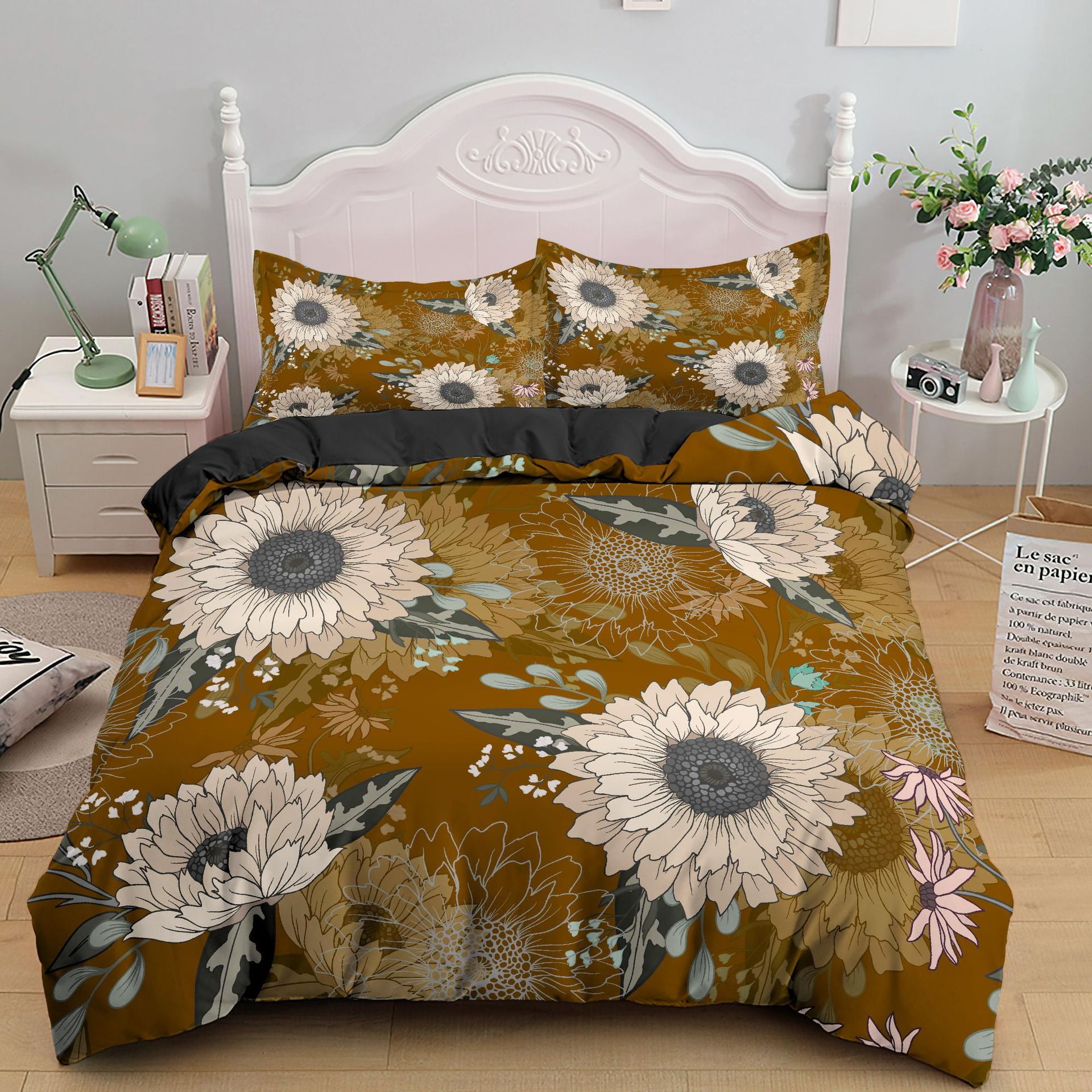 Sunflower Duvet Cover Set, Helianthus Sunflowers Against Weathered Aged ...