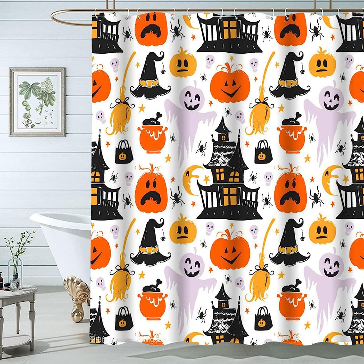 Spxubz Shower Curtain Halloween Pumpkin Bath Curtain With Hooks White