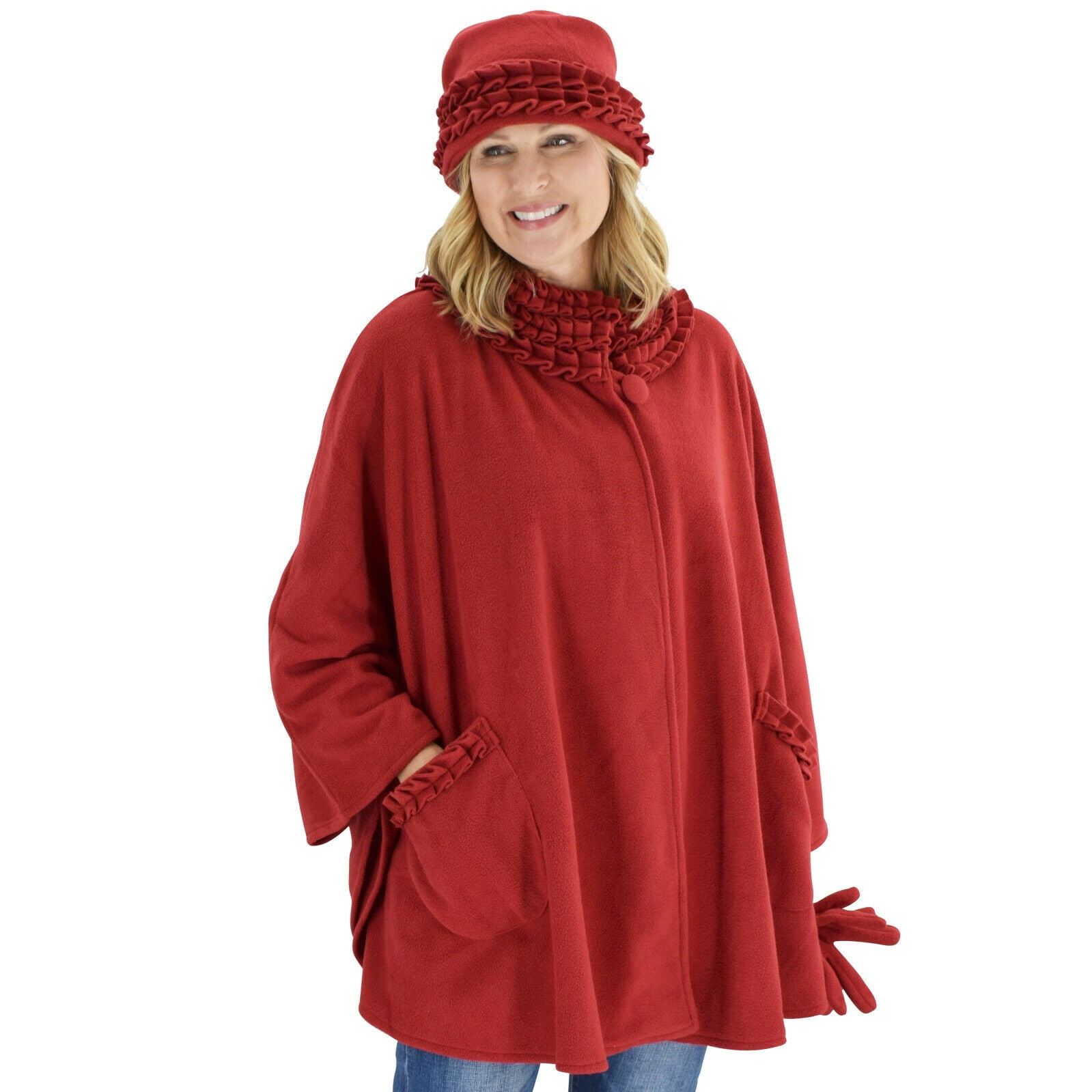 Le Moda Women's Sherpa Trim Polar Fleece Wrap with Matching Gloves and ...