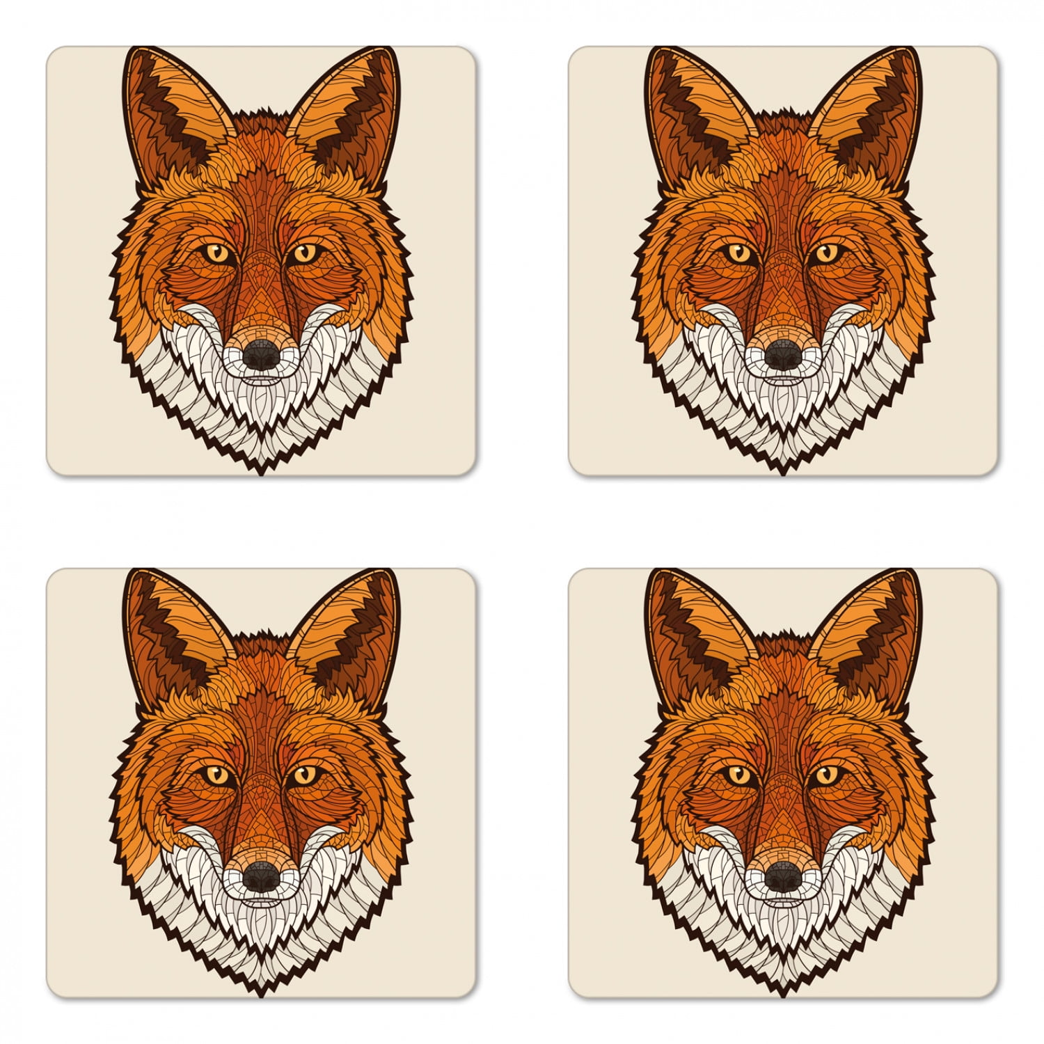 Fox Coaster Set of 4, Wild Fox Portrait in Mosaic Inspired Style Furry ...