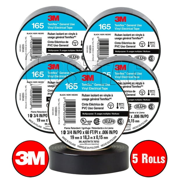(5 Rolls) 3M TemFlex Vinyl Electrical Tape 3/4in. x 60ft. - Black #165 ...