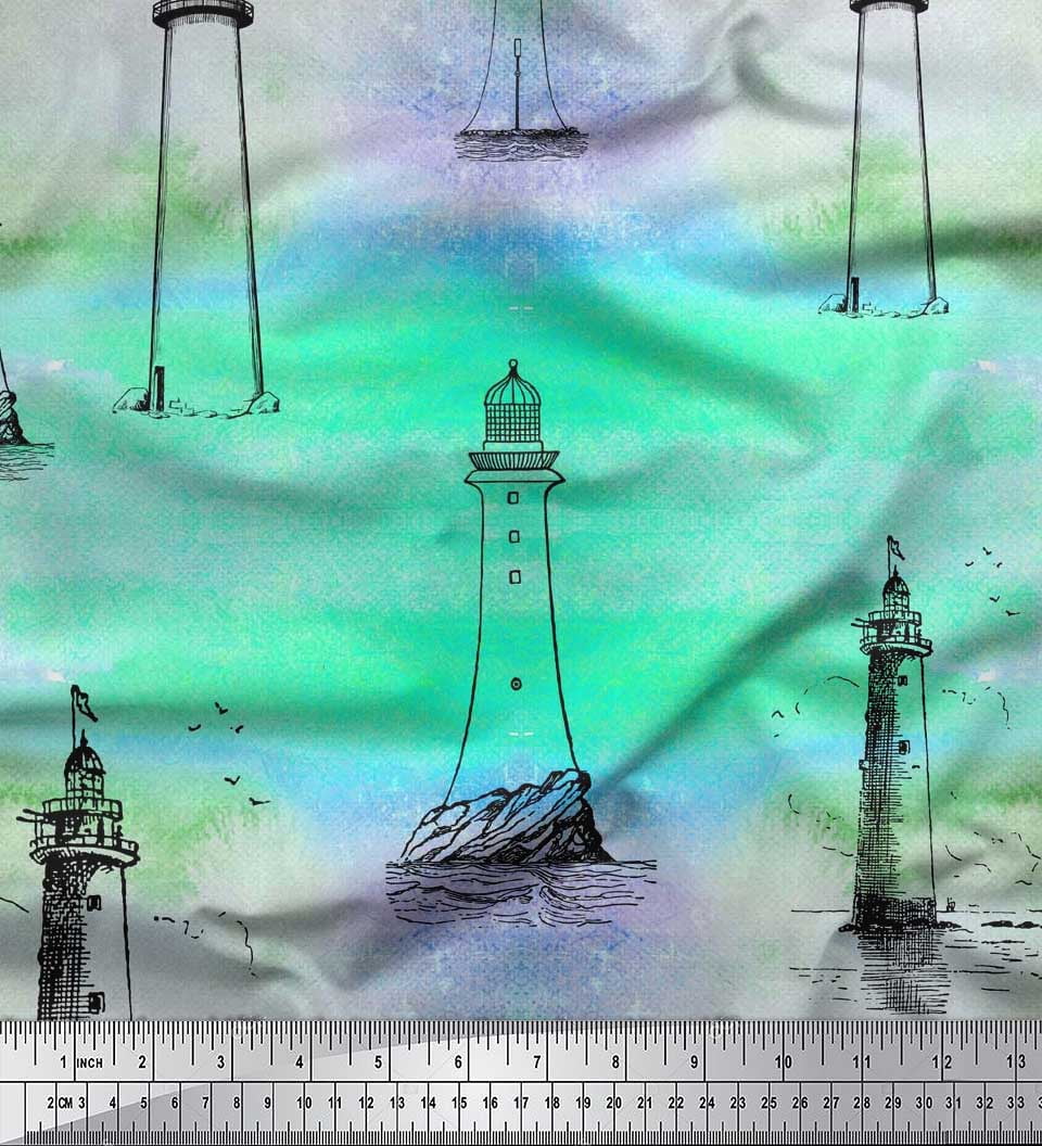 Soimoi Georgette Viscose Fabric Lighthouse Nautical Print Fabric by The ...
