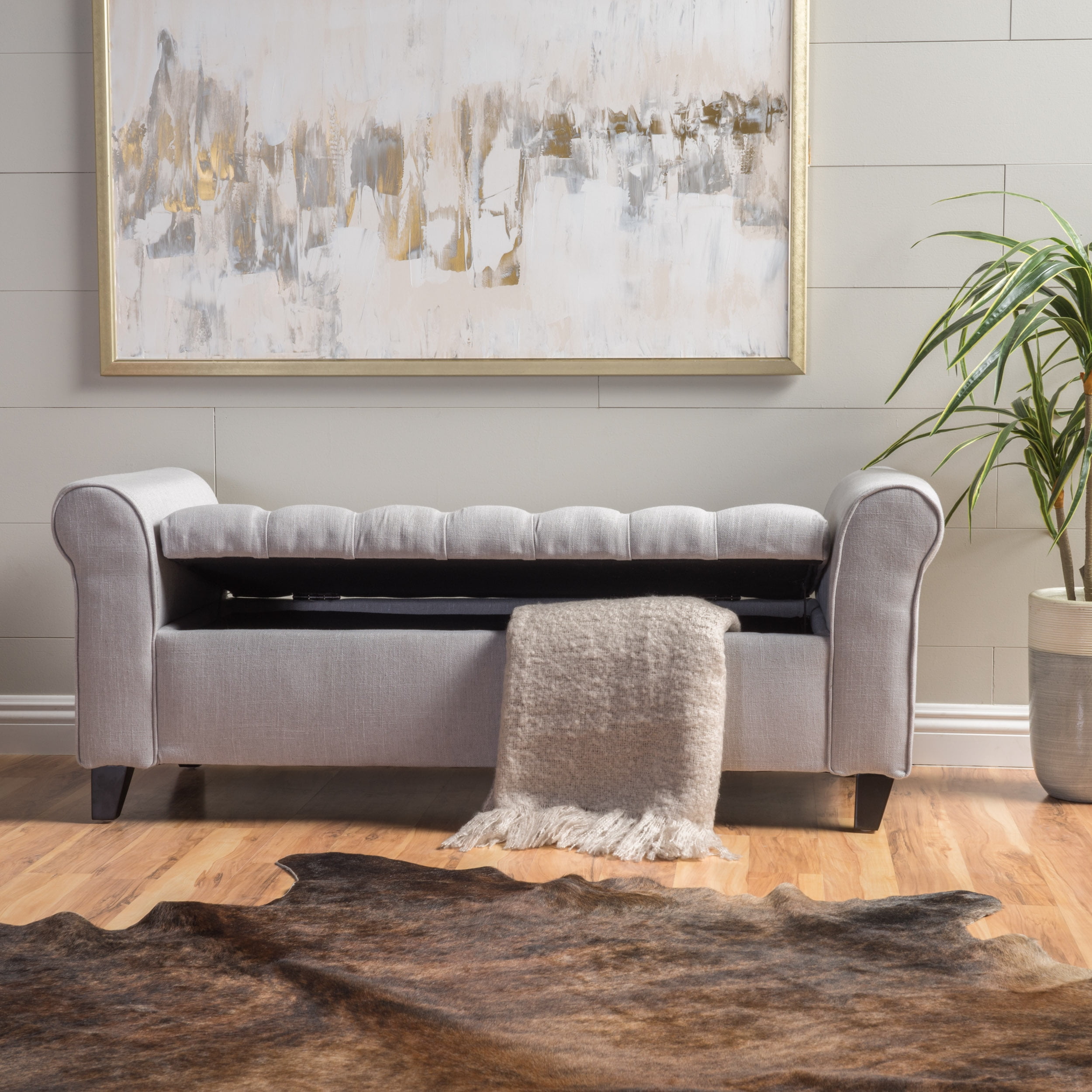 Noble House Sheffield Contemporary Rolled Arm Fabric Storage Ottoman