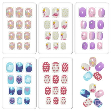 5 Pack Children Fake Nails Short Press on Pre-glue Kids Nails Colorful ...