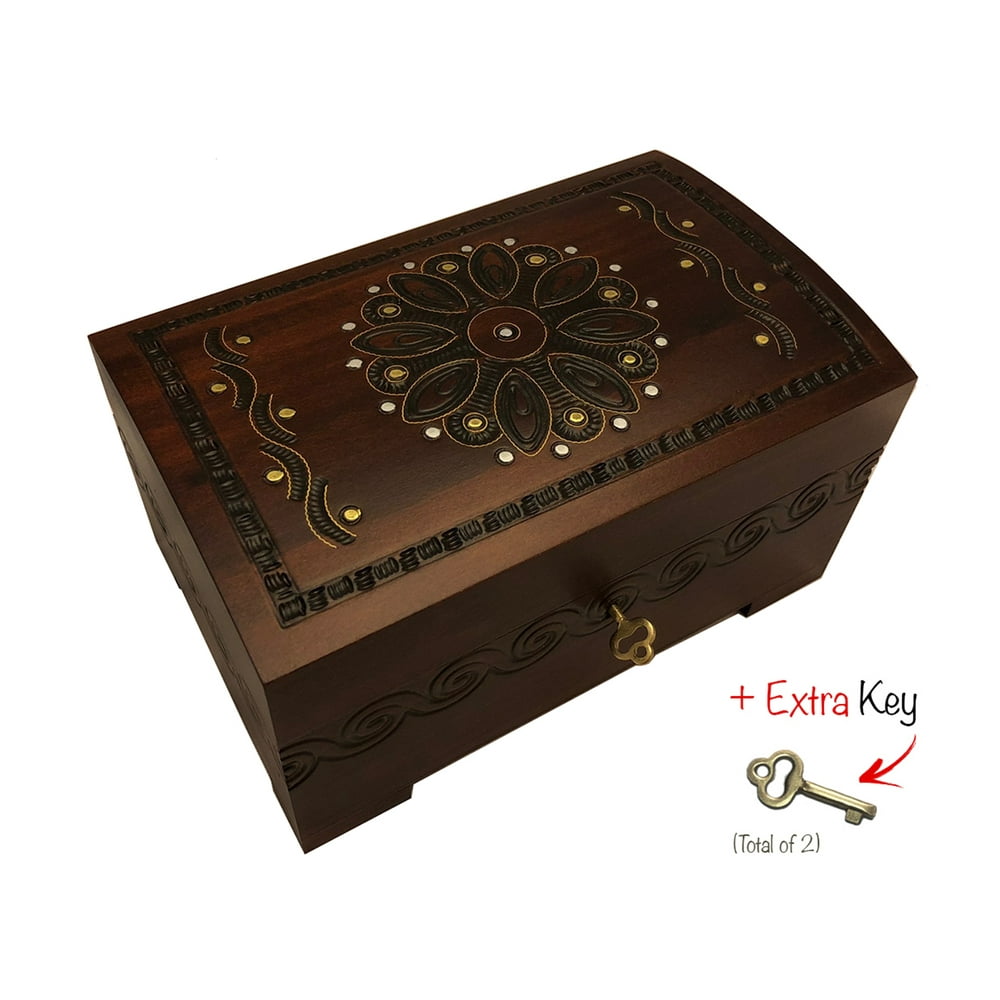 Polish Art Center - Large Wooden Floral Chest Box w/ Lock and Key ...
