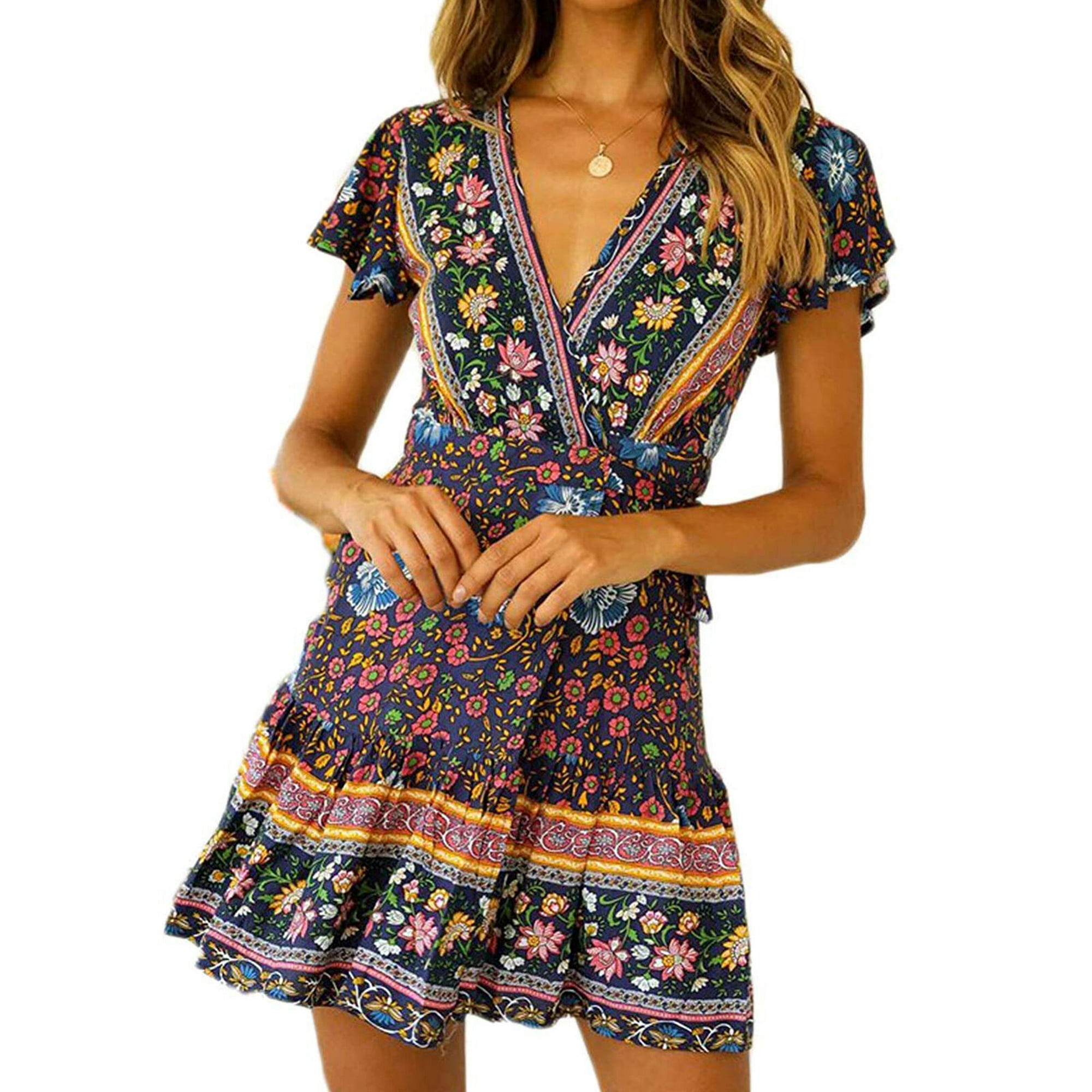 Multitrust Women Short Sleeve Wrap Boho Floral Mini Dress Ladies Summer ...