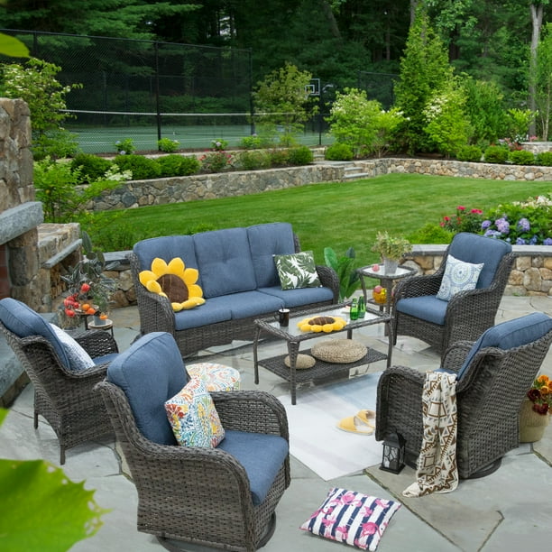 Meetleisure 7-Piece Wicker Patio Conversation Set with Swivel Chair And ...