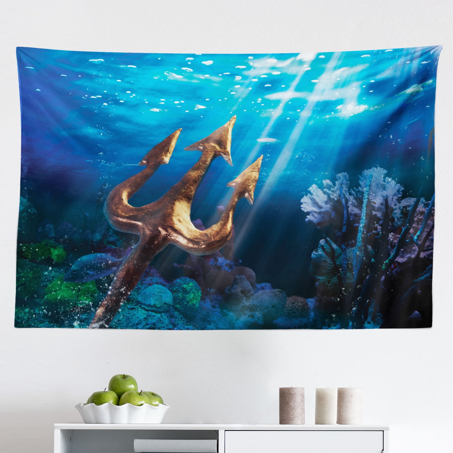 Neptune Tapestry, Funny Nursery Cartoon Underwater King Character with ...