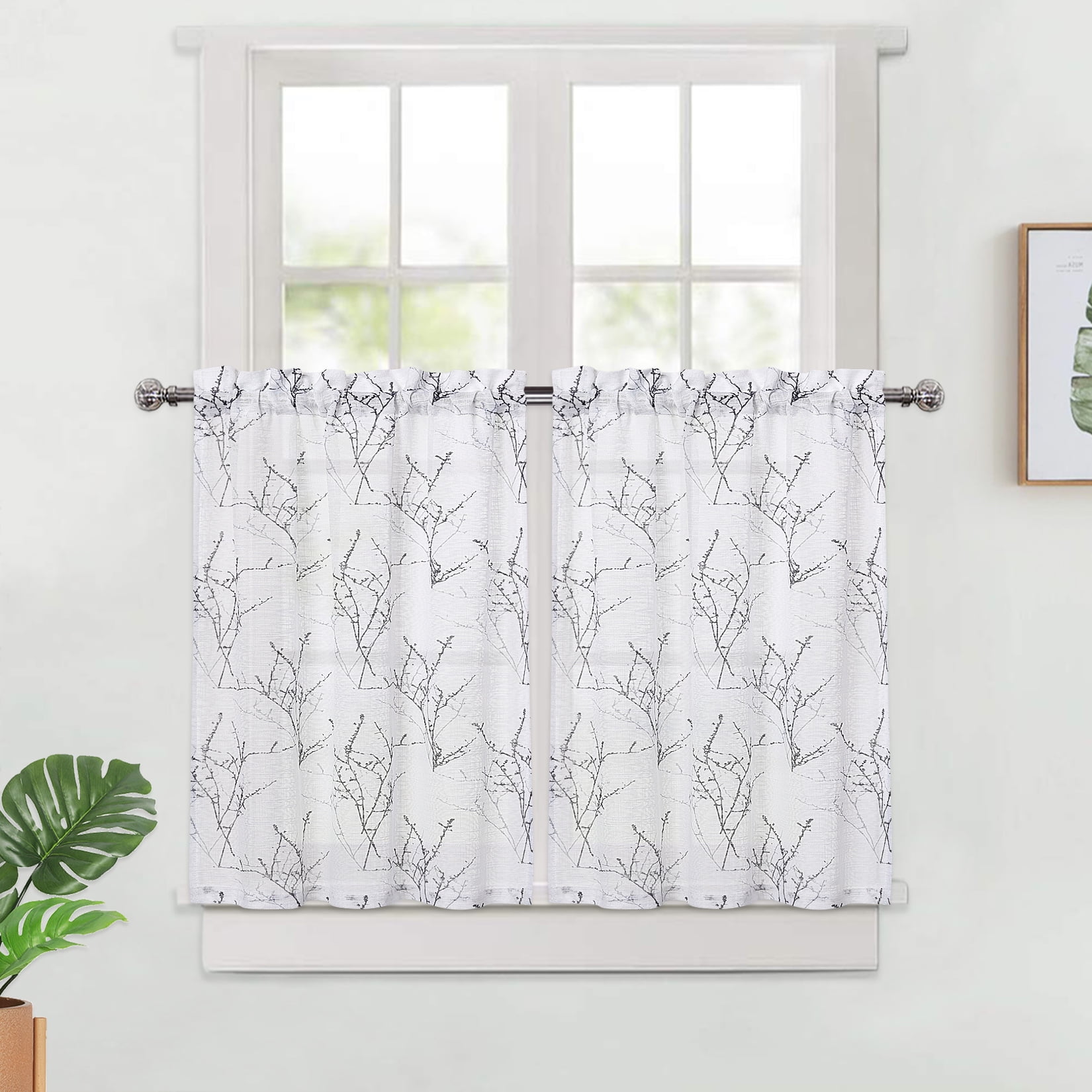CAROMIO Tier Curtains Retro Botanical Twig Design Window Treatment 26"W ...