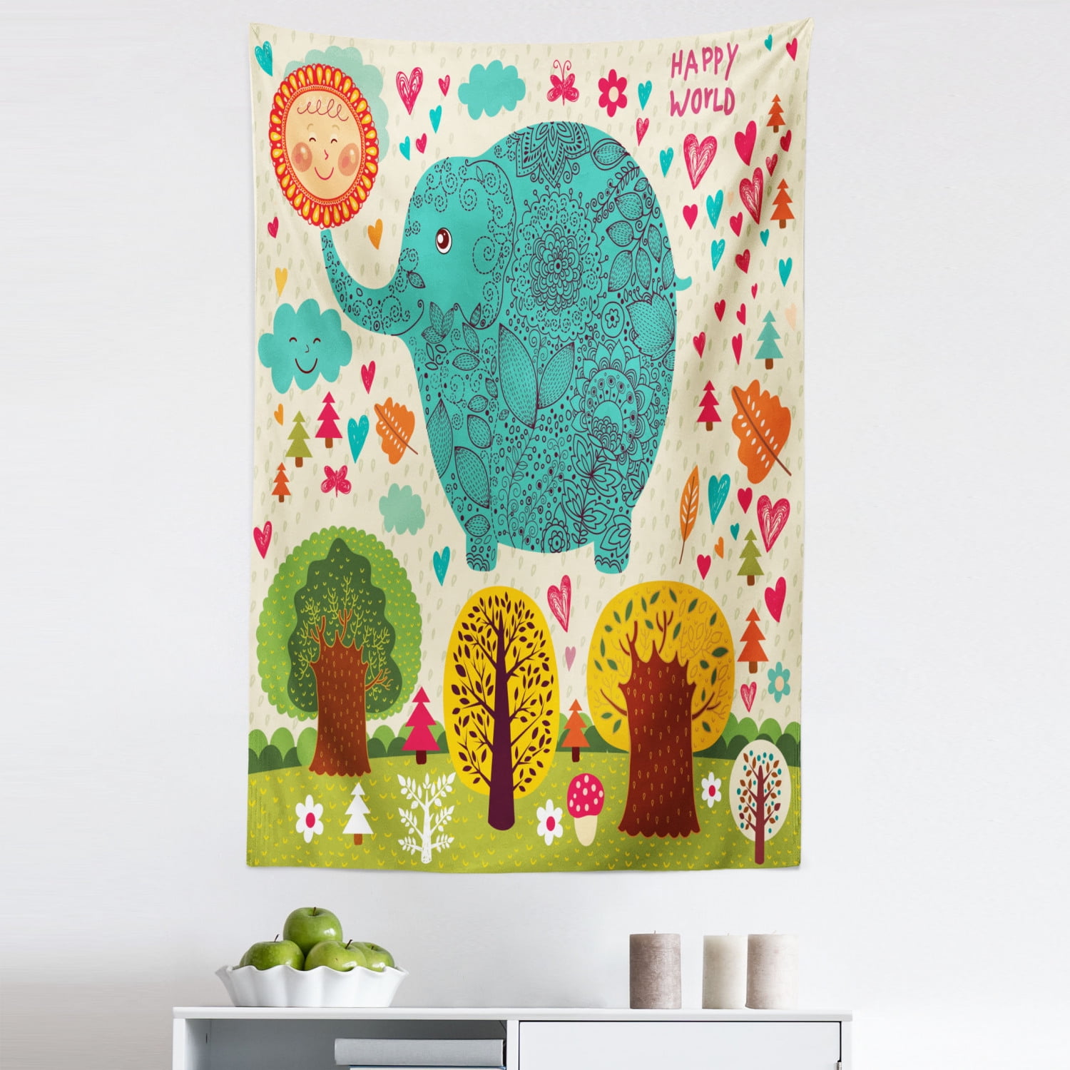 Colorful Tapestry, Illustration Animal Happy World Trees Leaves Hearts ...