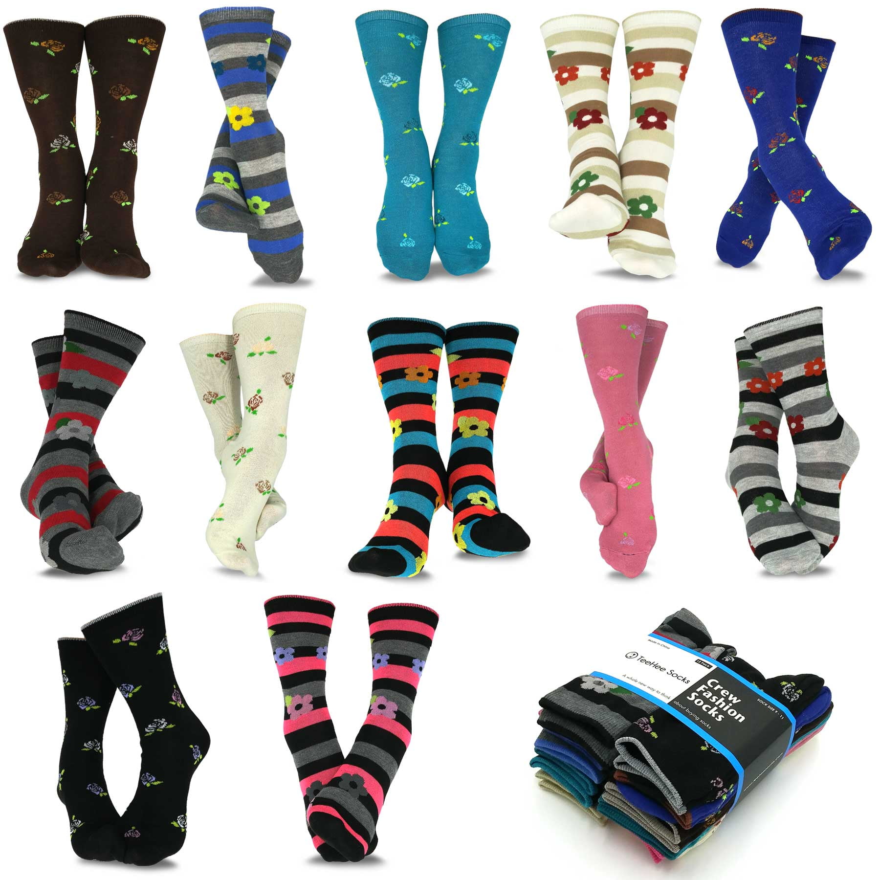 TeeHee Women's Value 12-Pack Fun Crew Socks (Flower) - Walmart.com