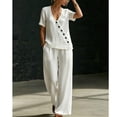2 Pieces Linen Sets for Women Skew Button V Neck Short Sleeve Tops with ...