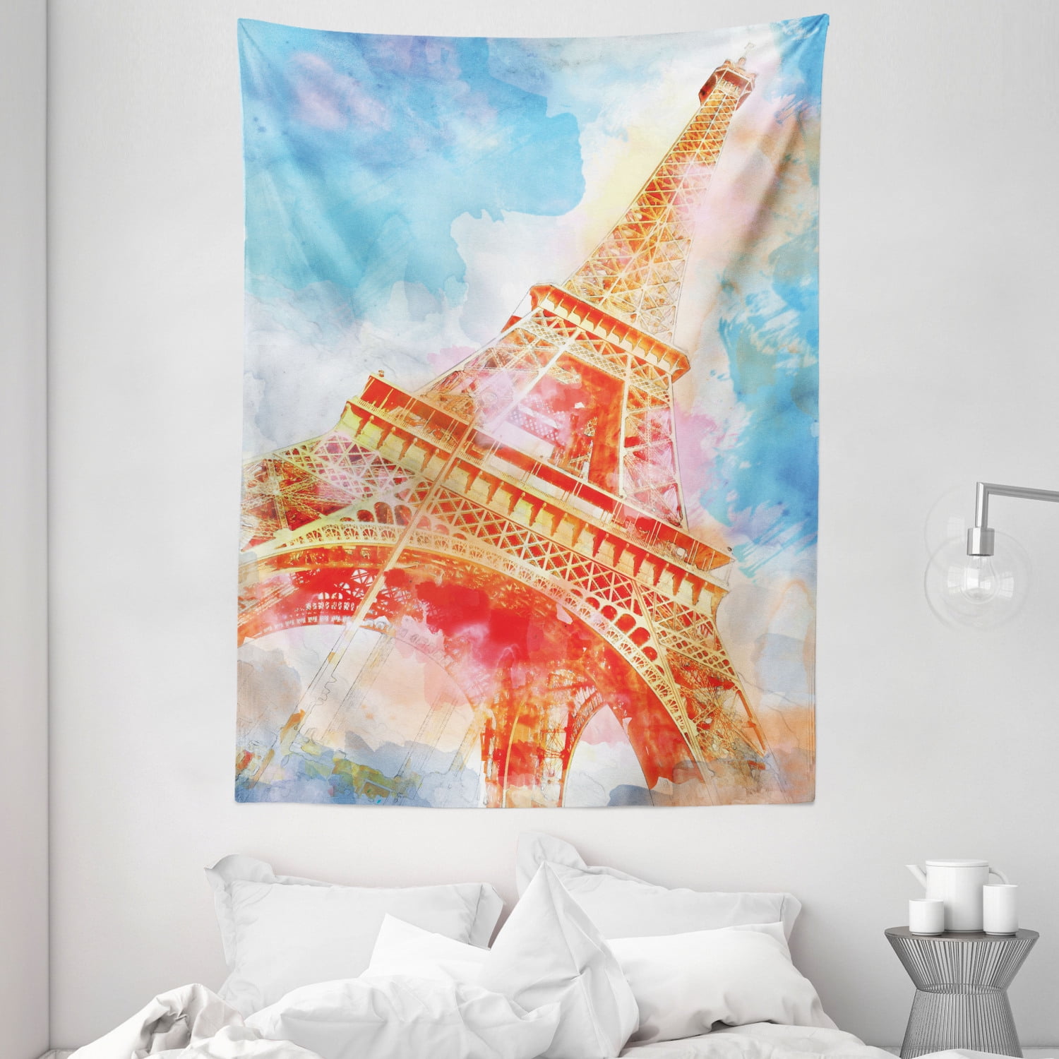 Eiffel Tower Decor Wall Hanging Tapestry, Watercolor Painted Linework ...