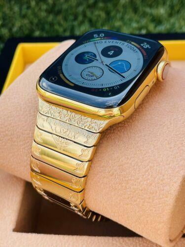 CUSTOM 24K Gold Plated 45MM iWatch SERIES 8 ENGRAVED POLISHED Band LTE ...