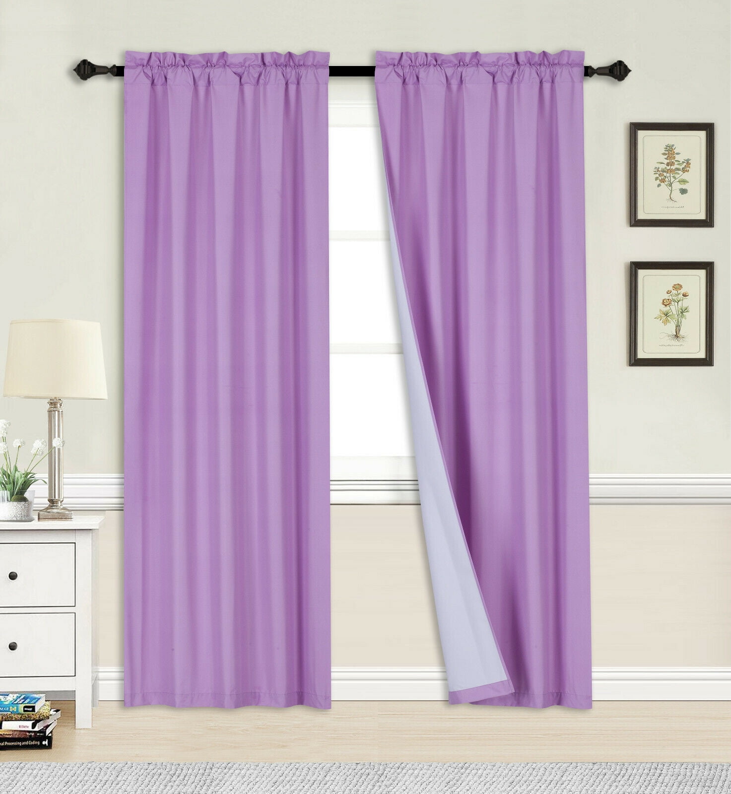 2 Panels Lilac Solid Blackout Thermal Rod Pocket Foam Lined Window ...