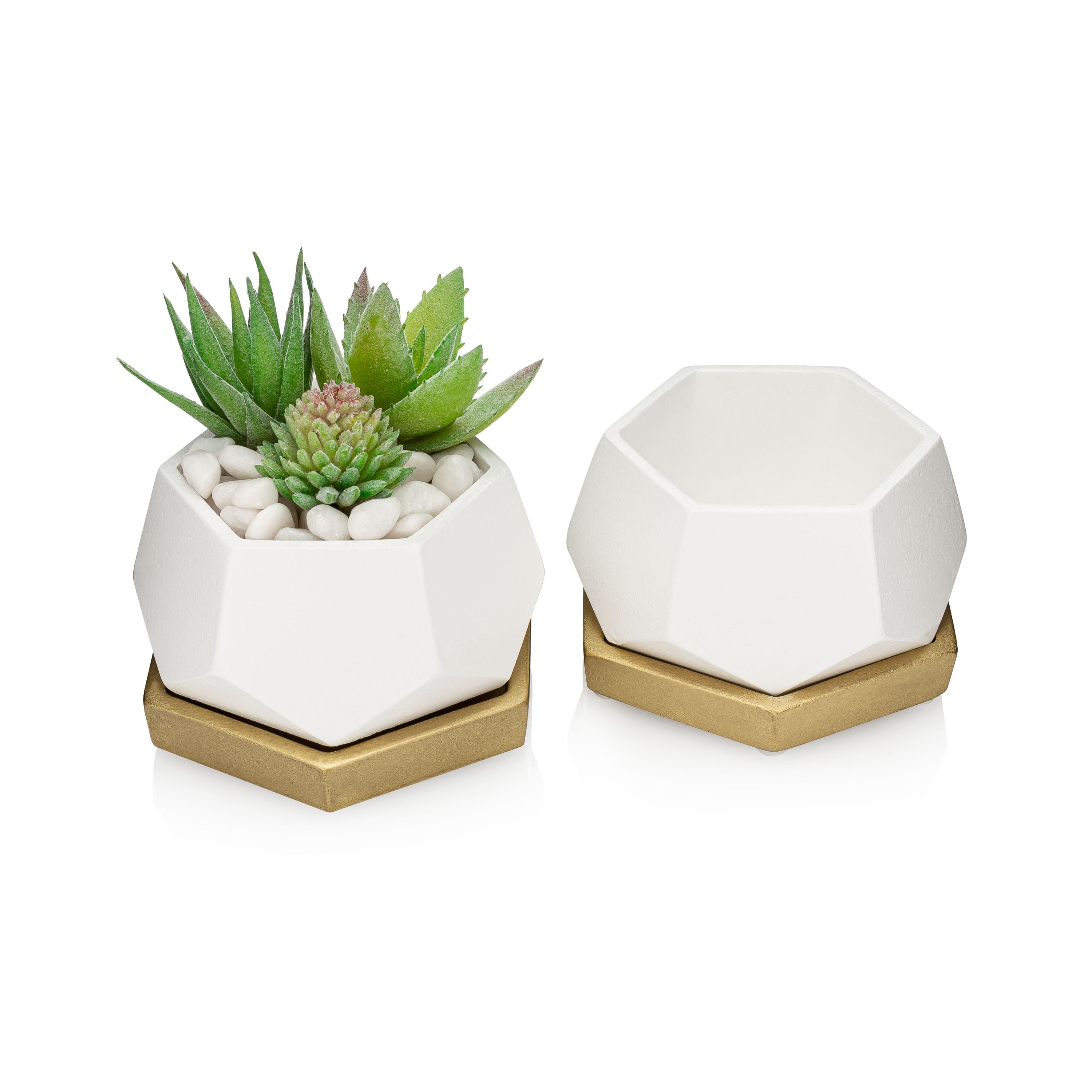 Essentra Home Succulent Pot Set Of 2 White Hexagonal Succulent Pots With Gold Saucer 3 Inch