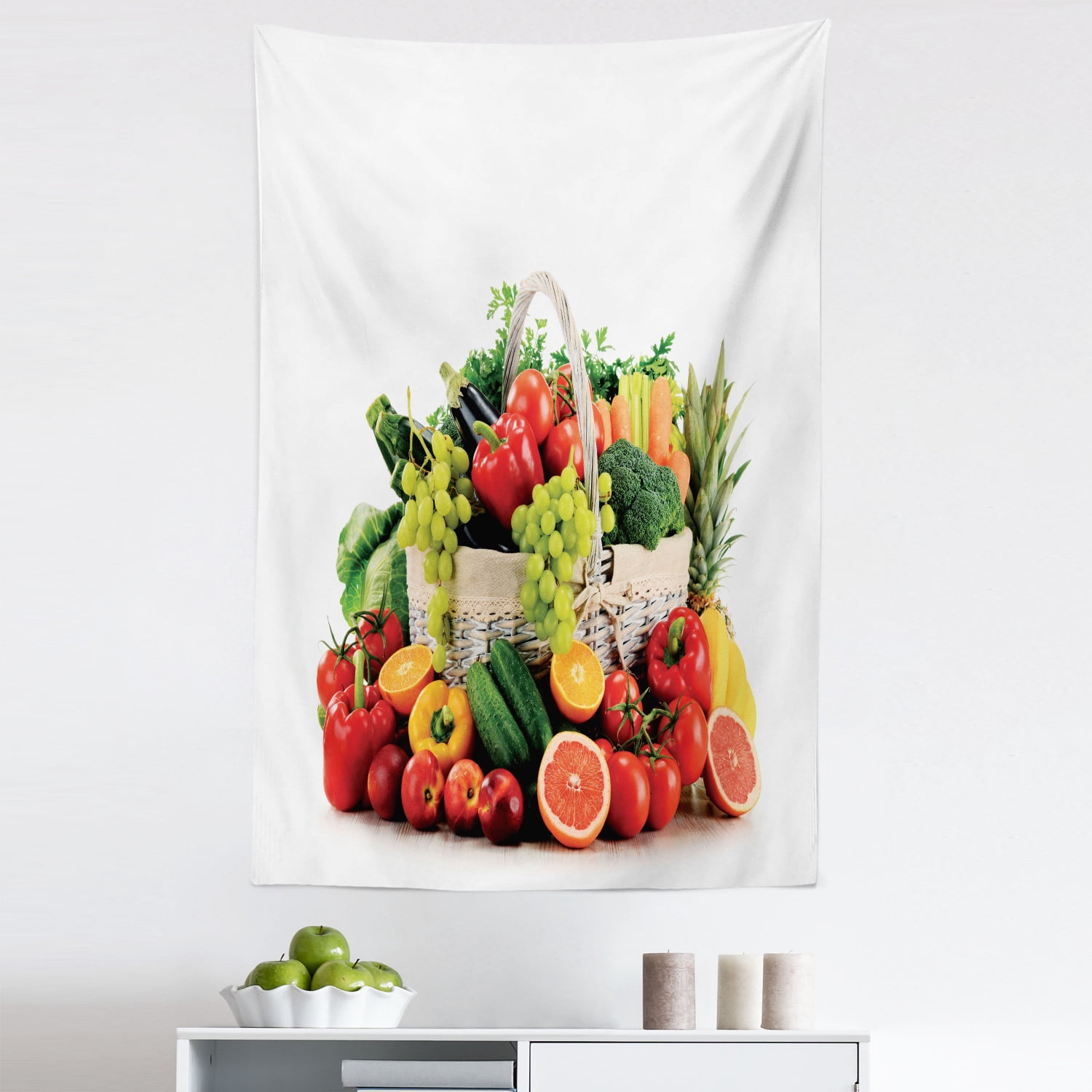 Food Tapestry, Colorful Veggies and Fruits in a Country Style Basket ...