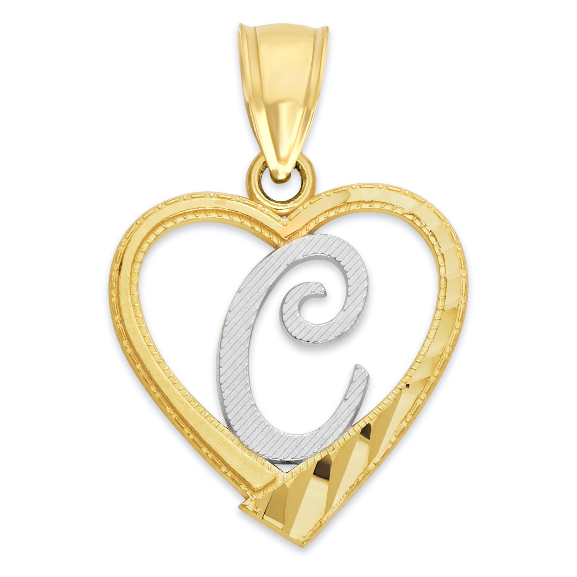 10k Real Solid Two Tone Gold Heart Initial Pendant with Letter C for ...
