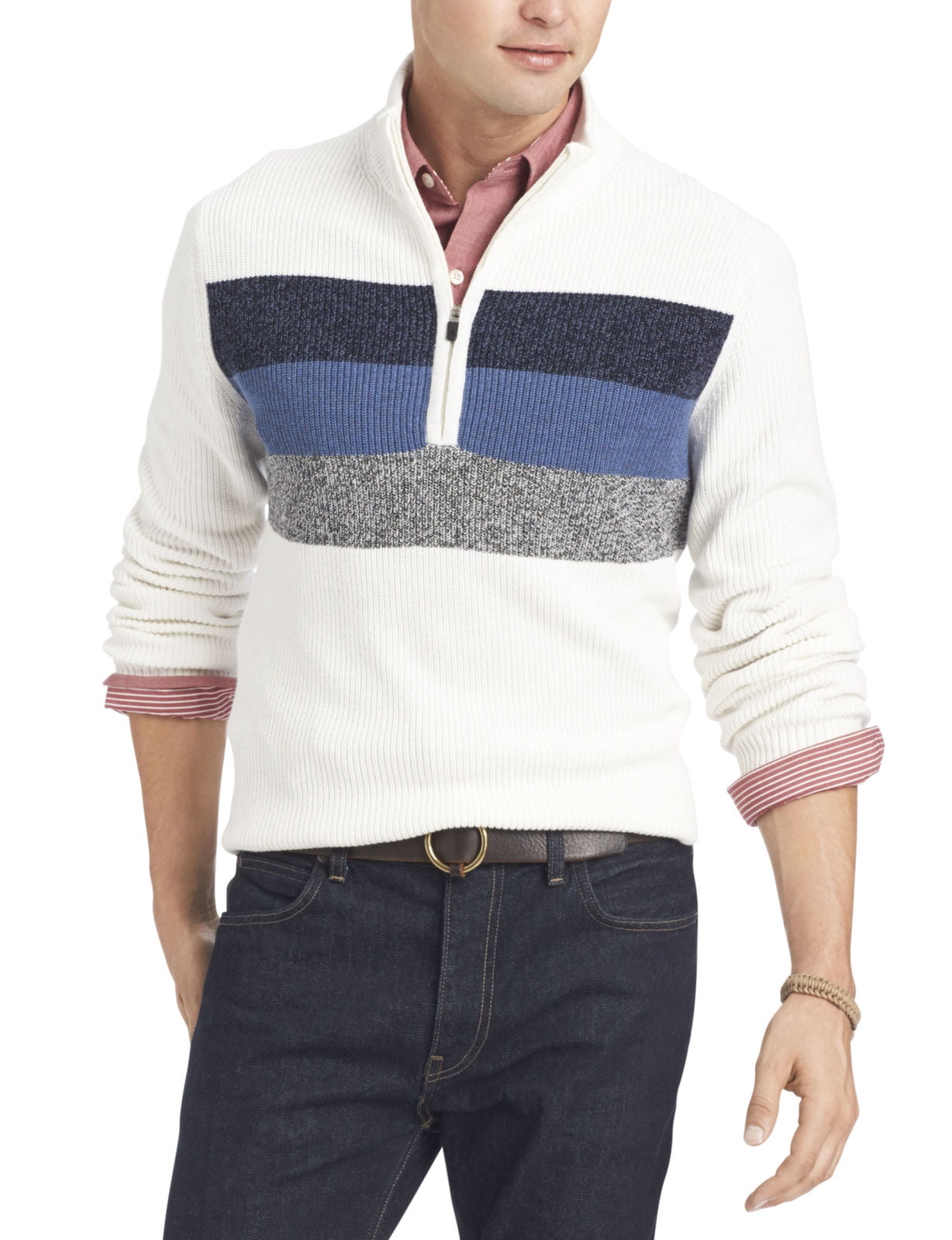 IZOD Men's Upper Chest-Stripe Long Sleeve 1/4 Zip Shaker Sweater ...