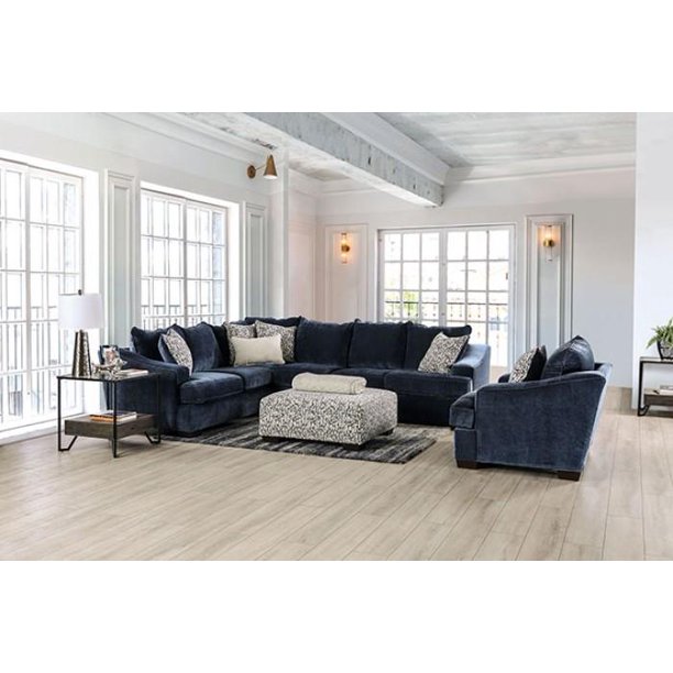 Contemporary Navy Chenille Sectional Sofa and Ottoman FOA Darlington ...