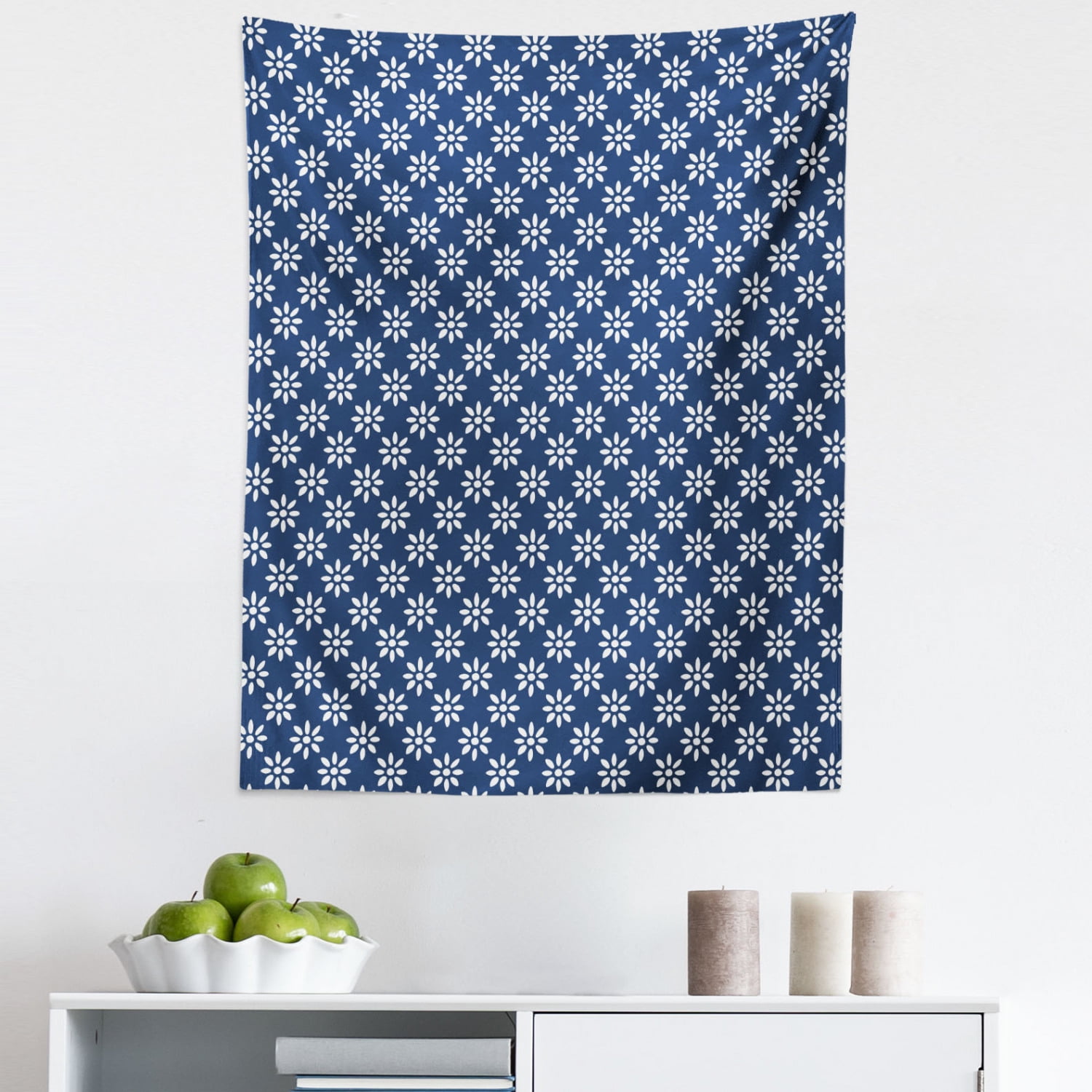 Navy Blue Tapestry, Greek House Tile Inspired Image Spring Daisy Like ...