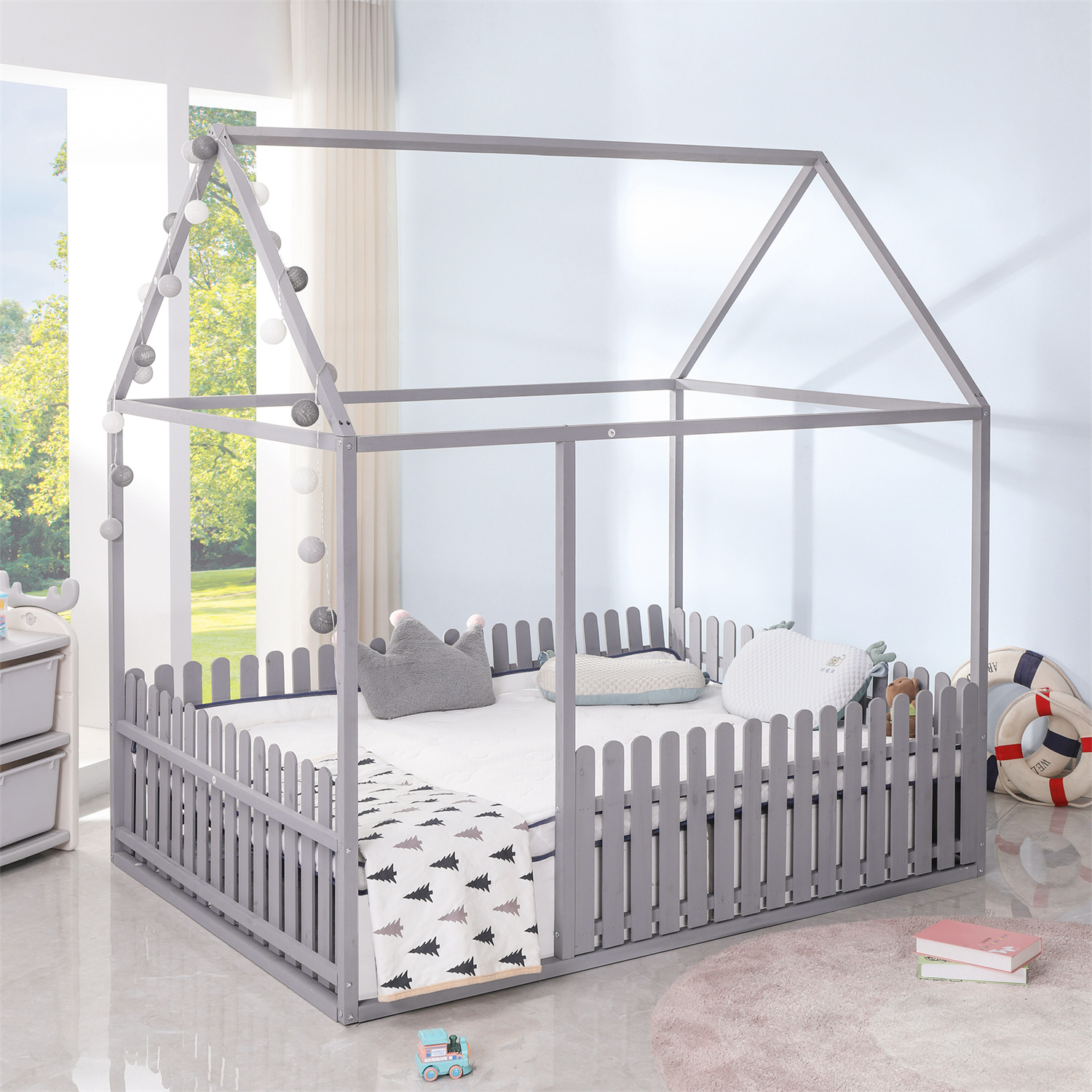 Twin Size House Bed Floor Bed Frame for Children, Wooden Playhouse with ...