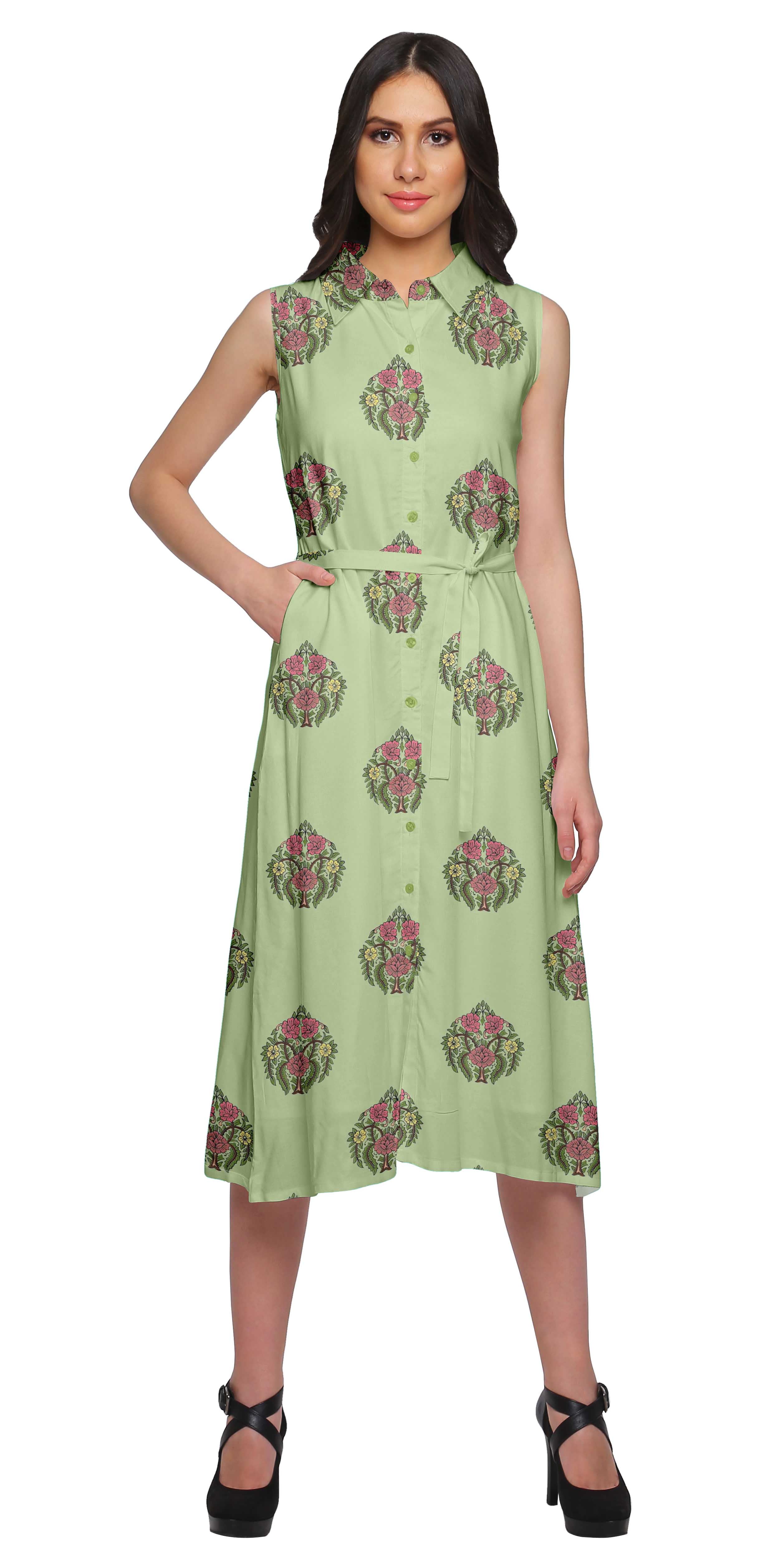 Moomaya Adjustable Fabric Belt Printed Lapel Collar Button Down Casual ...