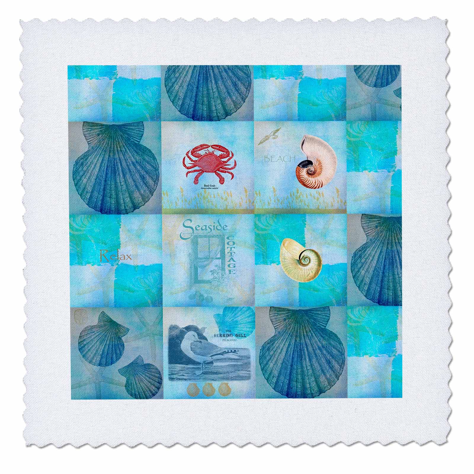 3dRose Aqua Beach Seashell Collage Art - Quilt Square, 6 by 6-inch ...