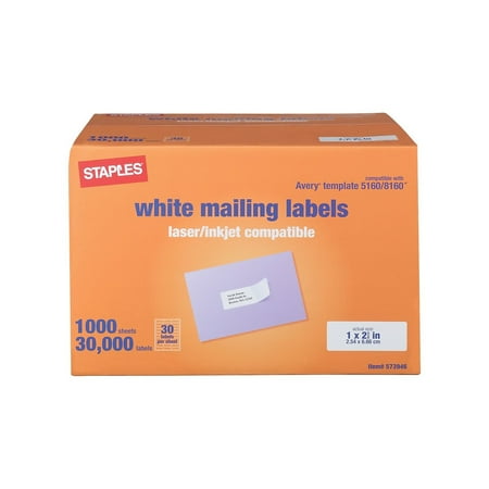 Staples Laser/Inkjet Address Labels 1 H x 2 5/8 W White 30 Labels/Sheet ...