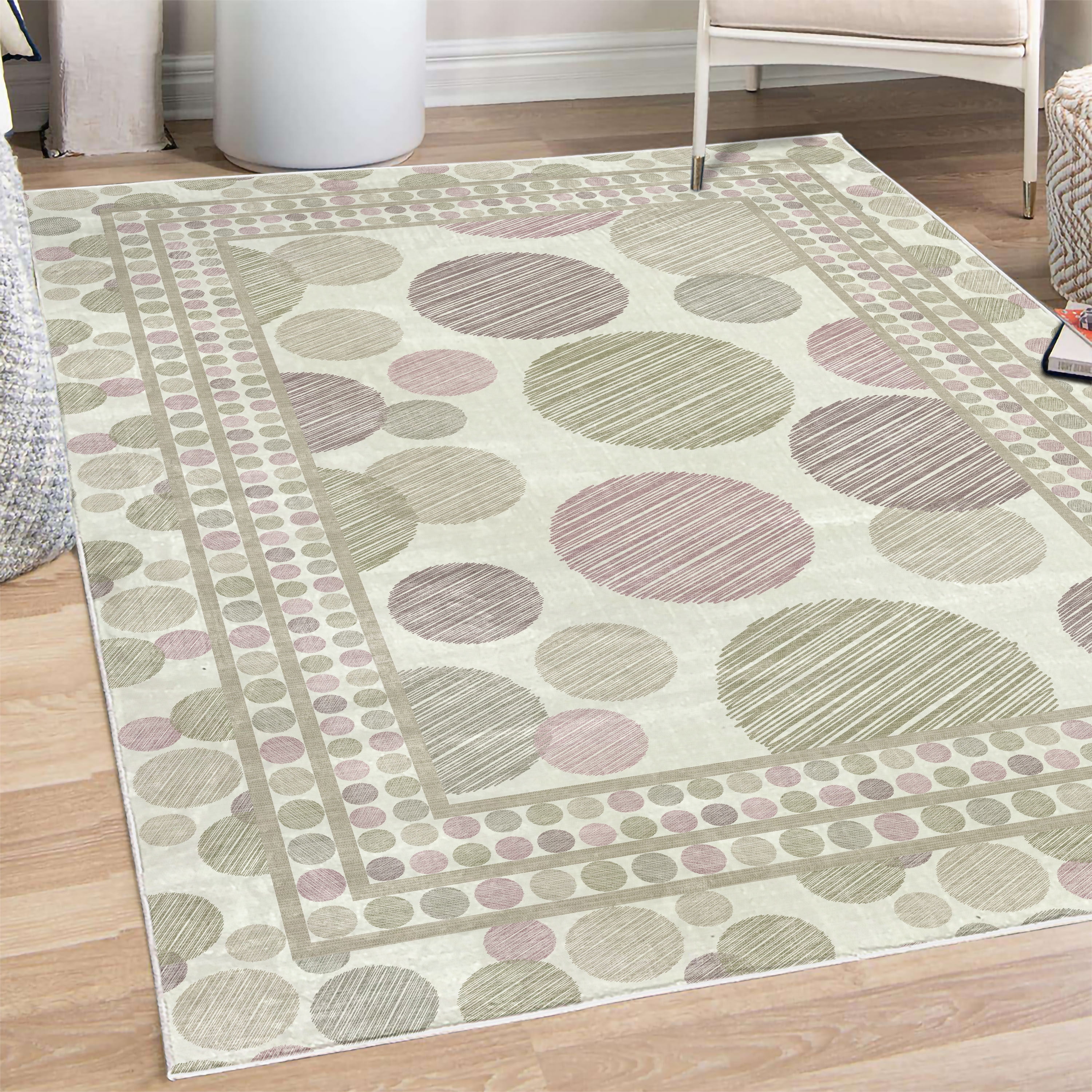 Geometric Decorative Rug, Scribble Style Striped Rounds and Dots in ...