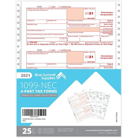Blue Summit Supplies 2021 1099-NEC 4 Part Carbonless Tax Forms for Dot Matrix Printers, Tax Form ...