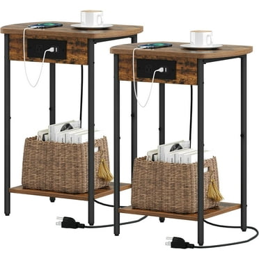 2 Pcs Wood Narrow End Table with Charging Station, Side Table ...
