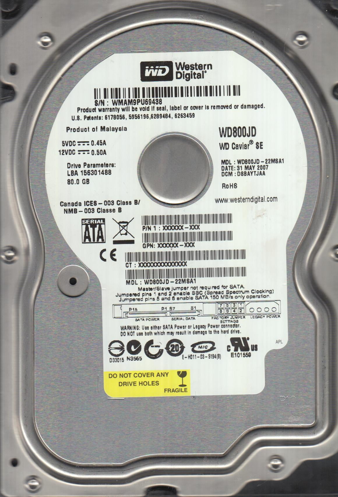 WD800JD-22MSA1, DCM DSBAYTJAA, Western Digital 80GB SATA 3.5 Hard Drive ...