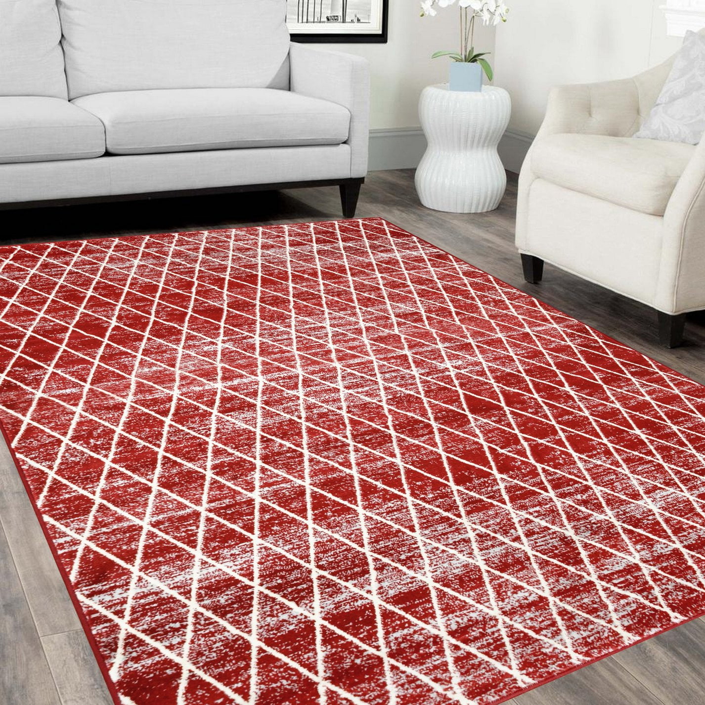 Handcraft Rugs-Moroccan Trellis/Diamond Pattern Area Rug- Red/White ...