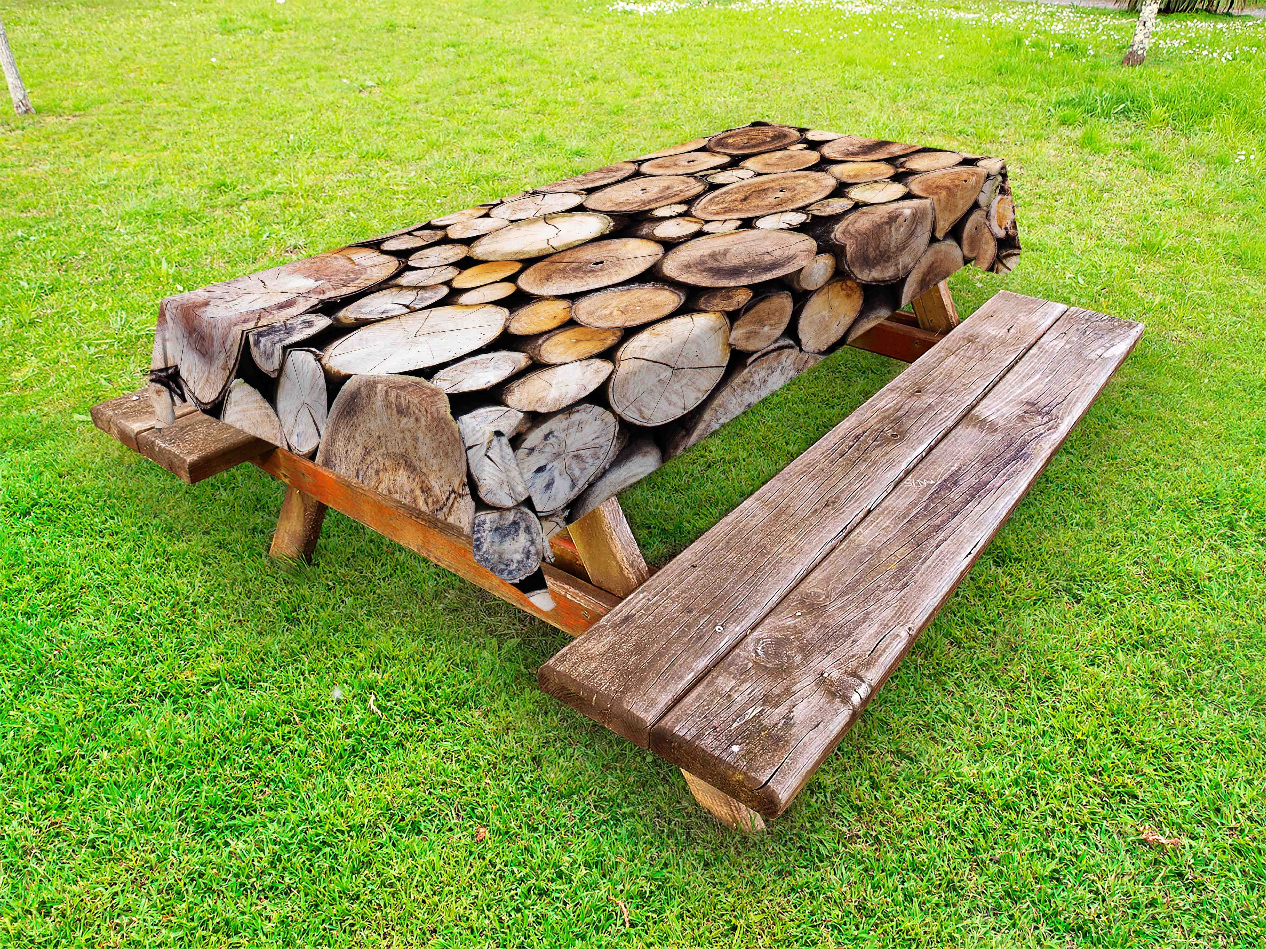 Rustic Outdoor Tablecloth, Wooden Logs Background Circular Shaped Oak ...