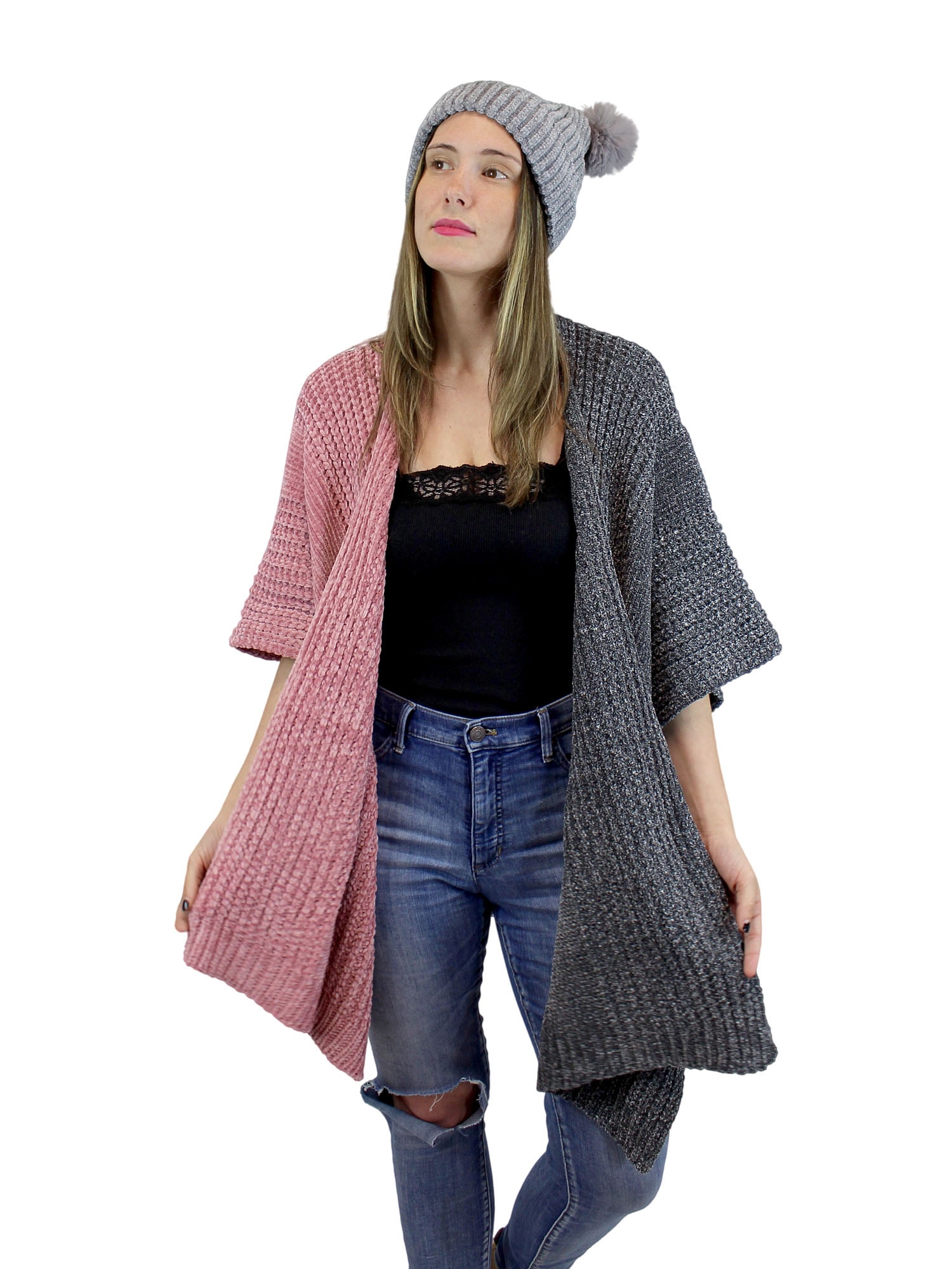 Two Toned Soft Knitted Corduroy Poncho Ruana V-Neck Layered Pink ...