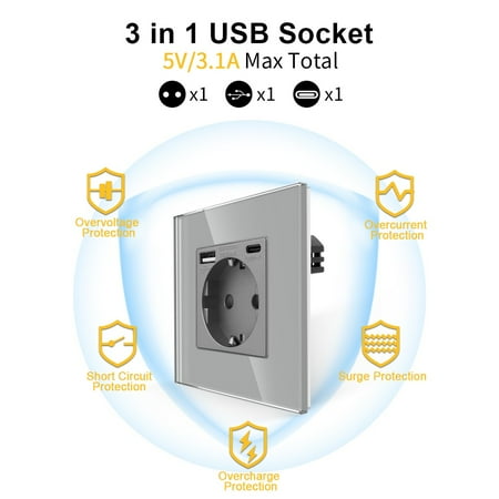 EU Standard Single Power Connection Switch Socket Crystal Panel USB ...