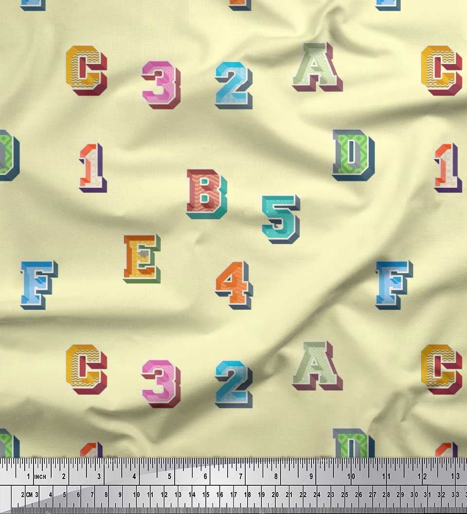 Soimoi Polyester Crepe Fabric Numbers & Alphabets Text Printed Craft ...
