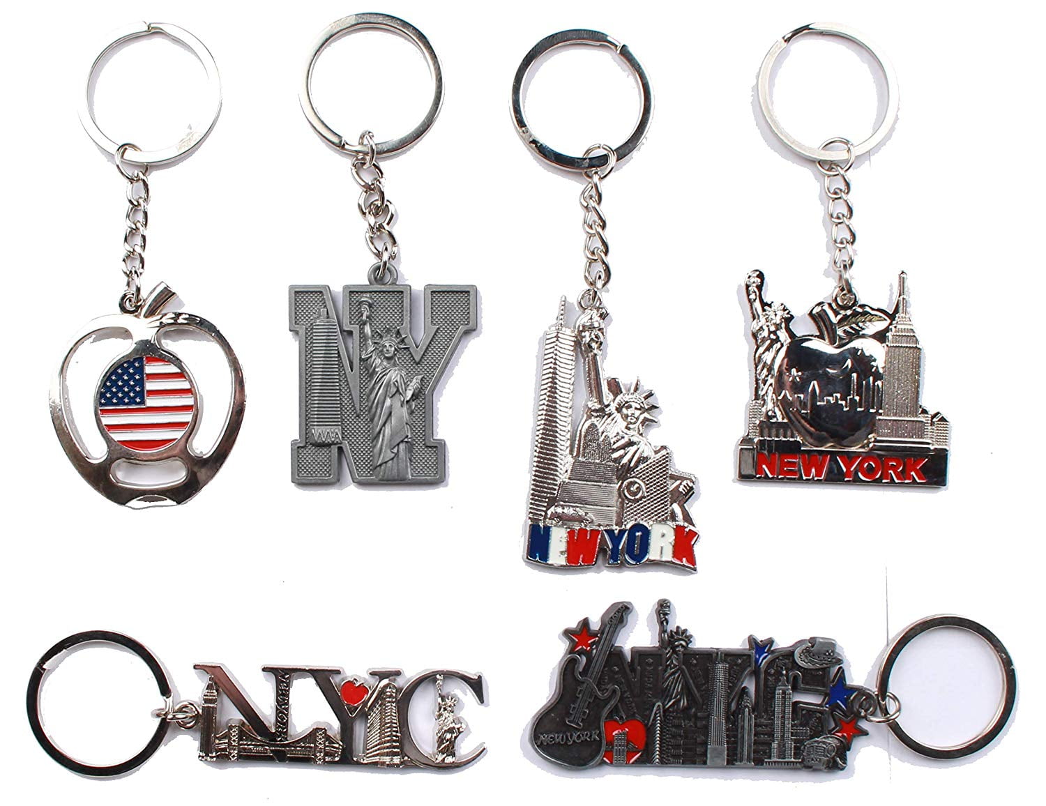 New York NYC Key-Chains Set of 6 Statue of Liberty,USA Flag,World Trade ...