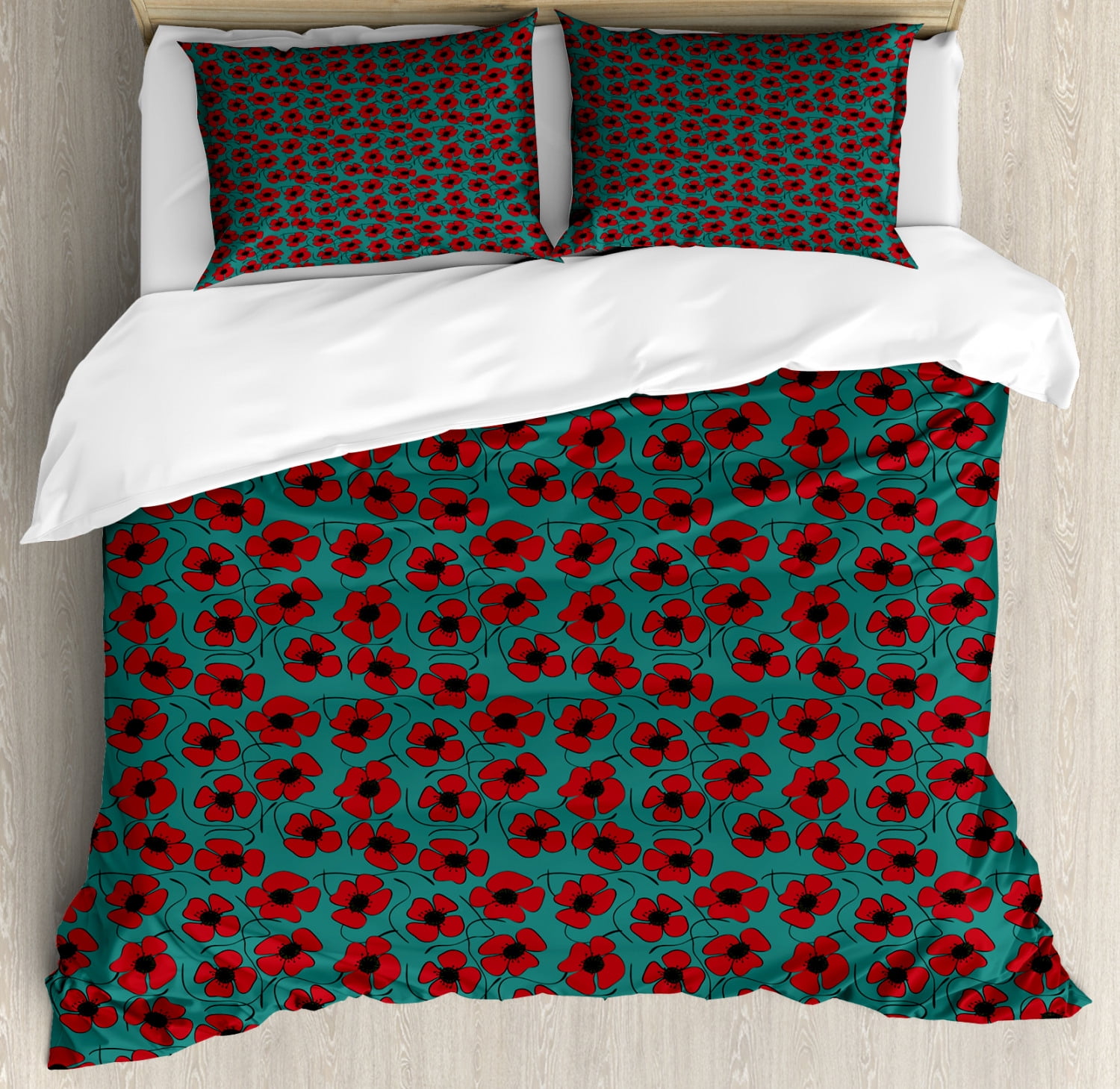 Poppy Duvet Cover Set Queen Size, Hand Drawn Nature Growth Pattern with ...