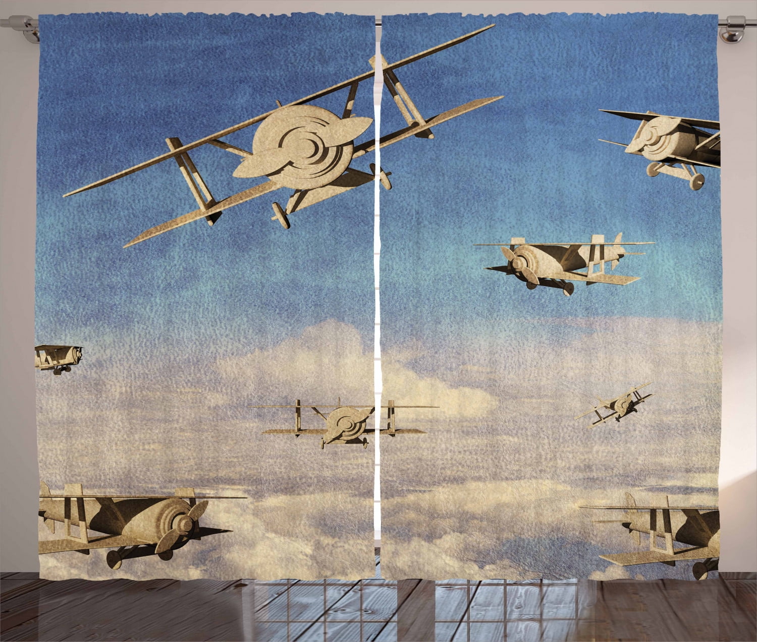 Airplane Curtains 2 Panels Set, 3d Style Retro Biplanes Flying on the ...
