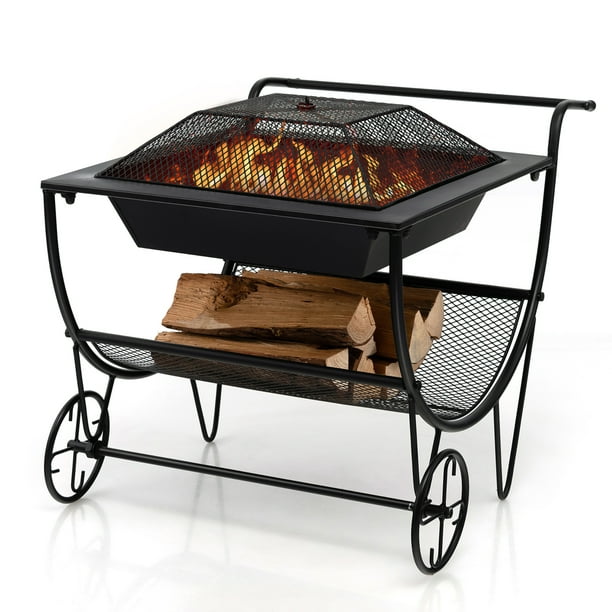 Costway Outdoor Wood Burning Fire pit Steel Patio Stove w/ Log Storage ...