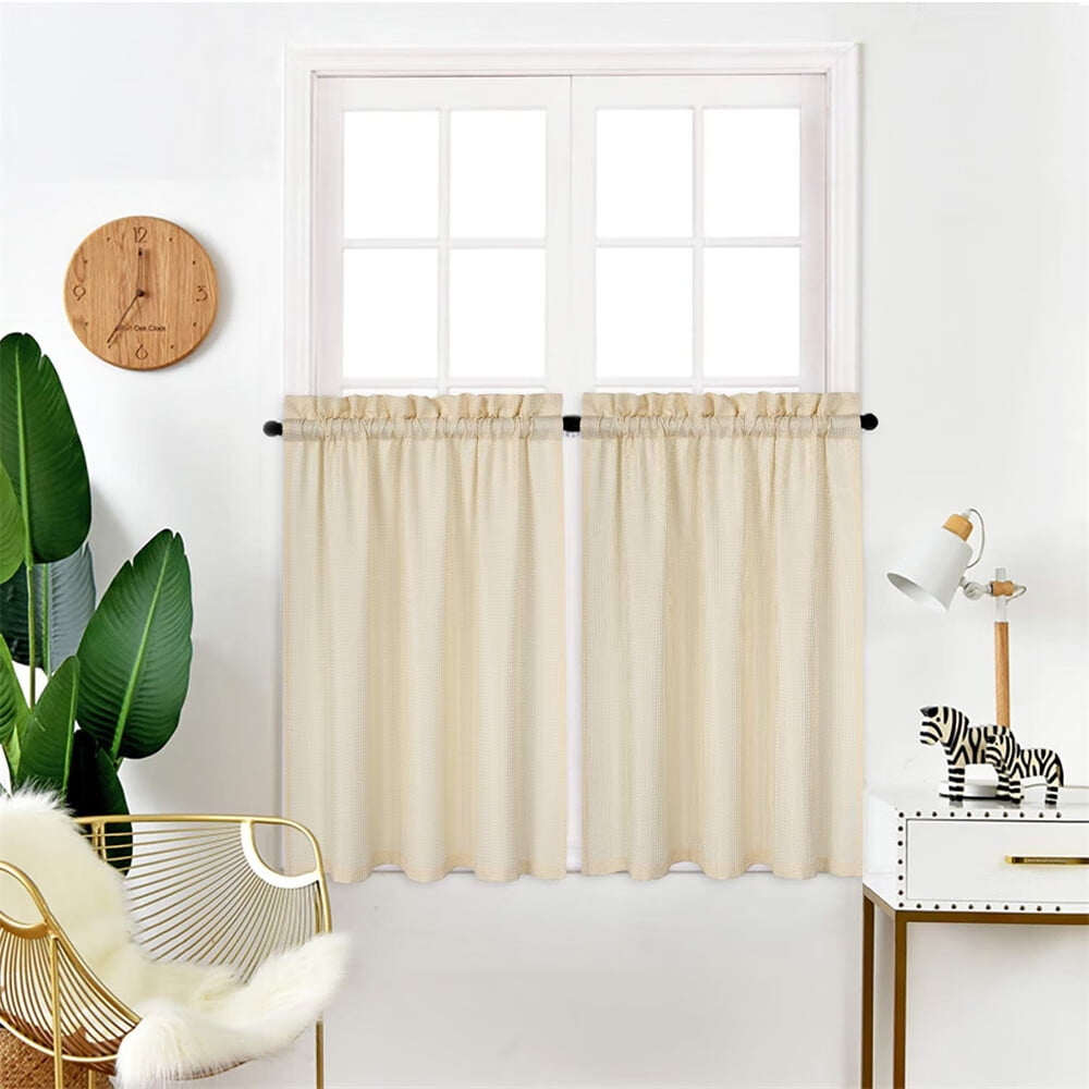 2 Pcs Waffle Weave Fabric Tier Curtain, Rod Pocket Waterproof Small ...