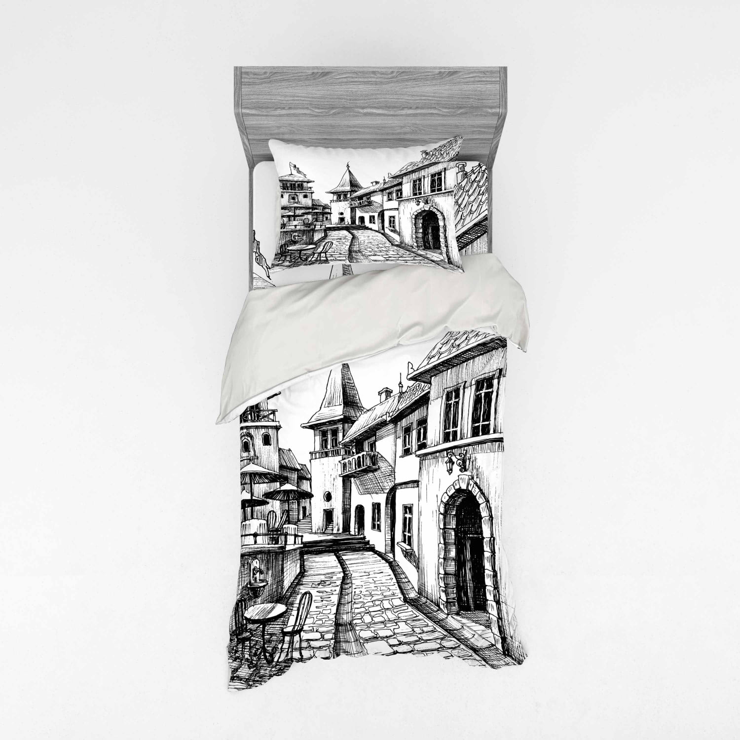 Cityscape Duvet Cover Set, Old Peaceful City Drawing Restaurant Terrace ...