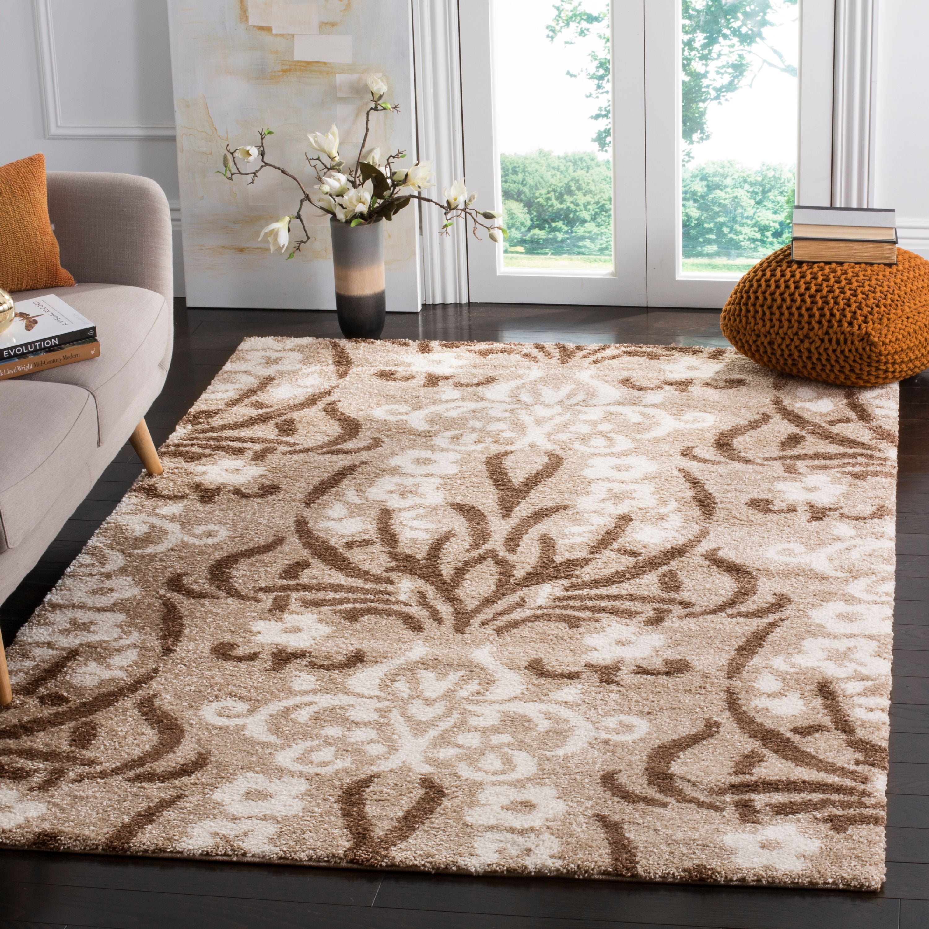 SAFAVIEH Florida Donald Floral Shag Area Rug, Beige/Cream, 5'3" x 7'6 ...