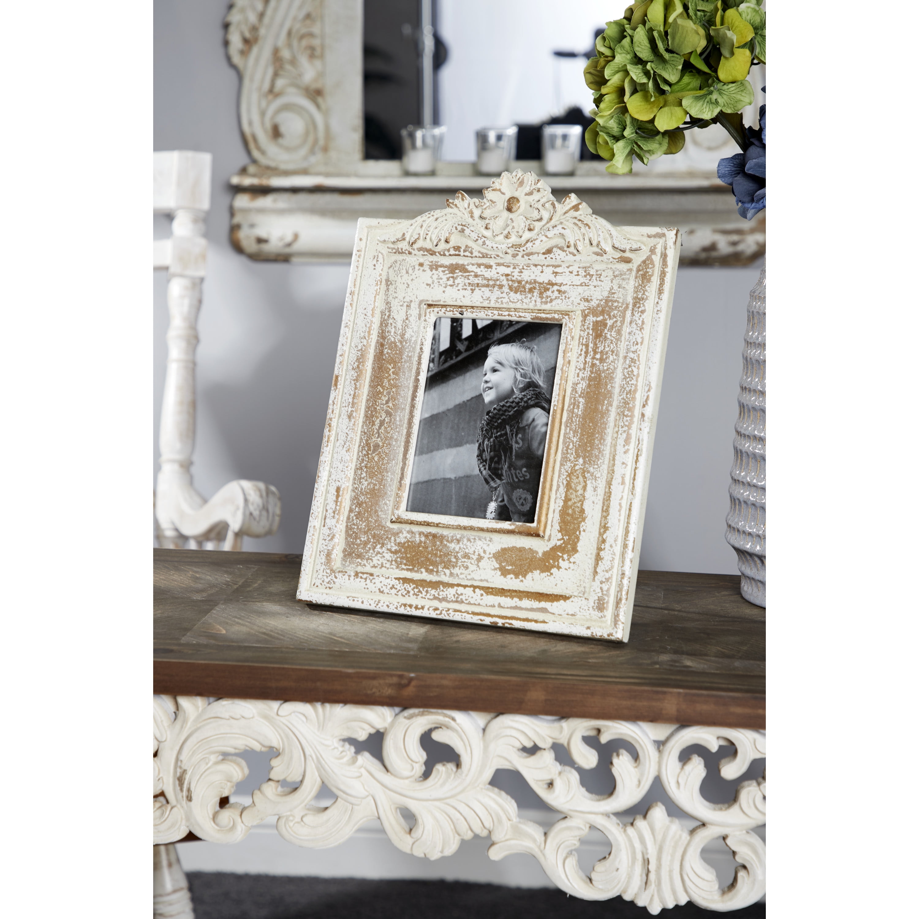 DecMode 4" x 6" Handmade Intricate Carved White Scroll Photo Frame ...