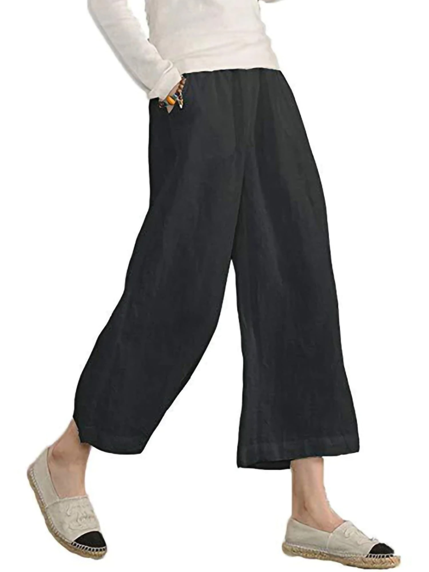 Grianlook Crop Pants for Women Linen Capris Elastic Waist Wide Leg ...